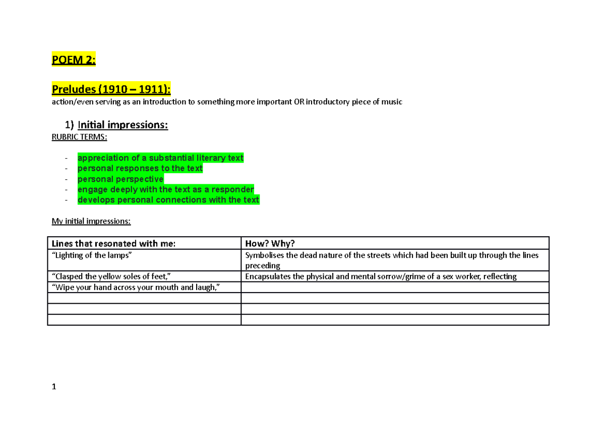 Preludes - ts eliot - POEM 2: Preludes (1910 – 1911): action/even ...