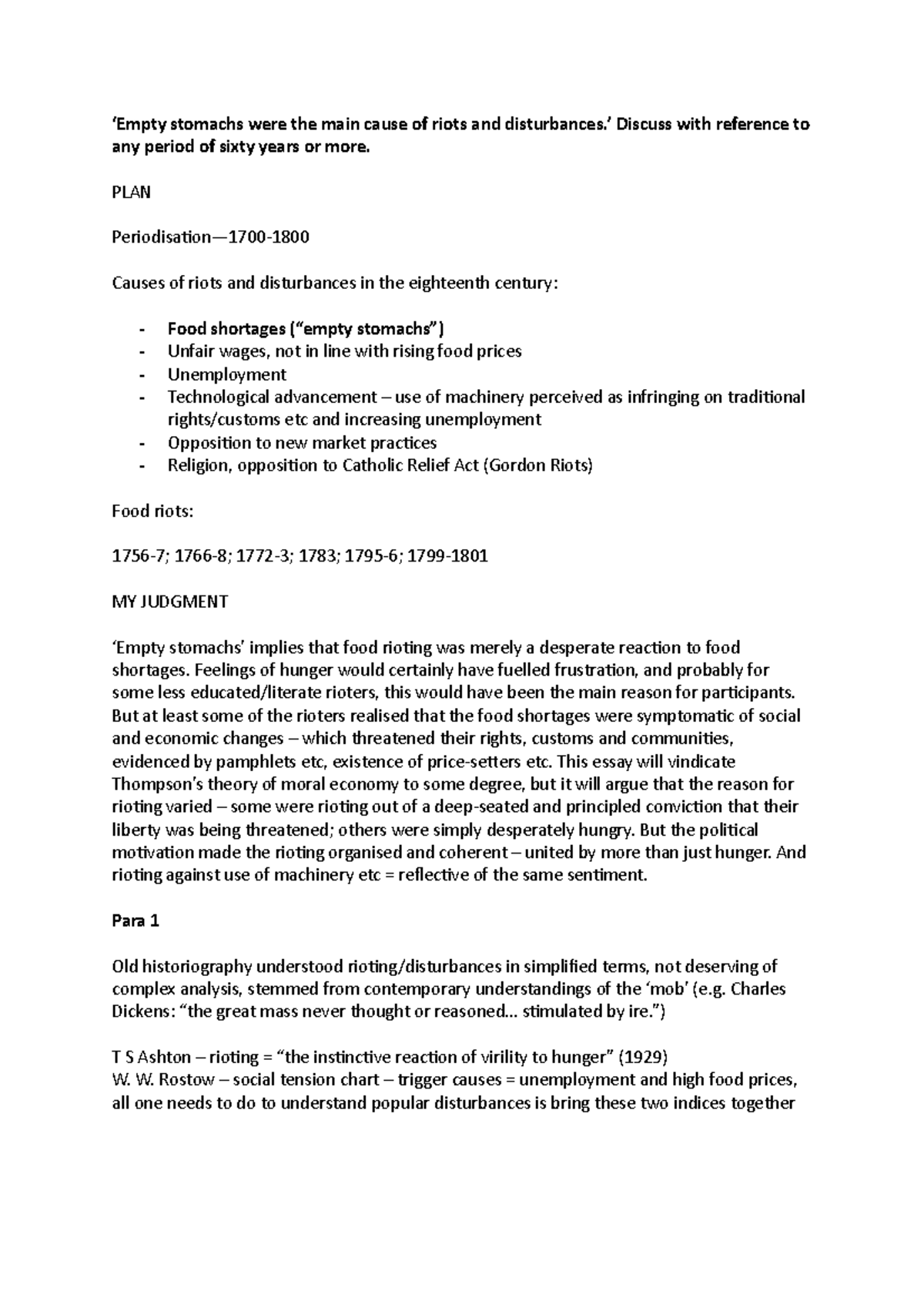 Essay plan for question about the Crowd in C18 British culture/society ...