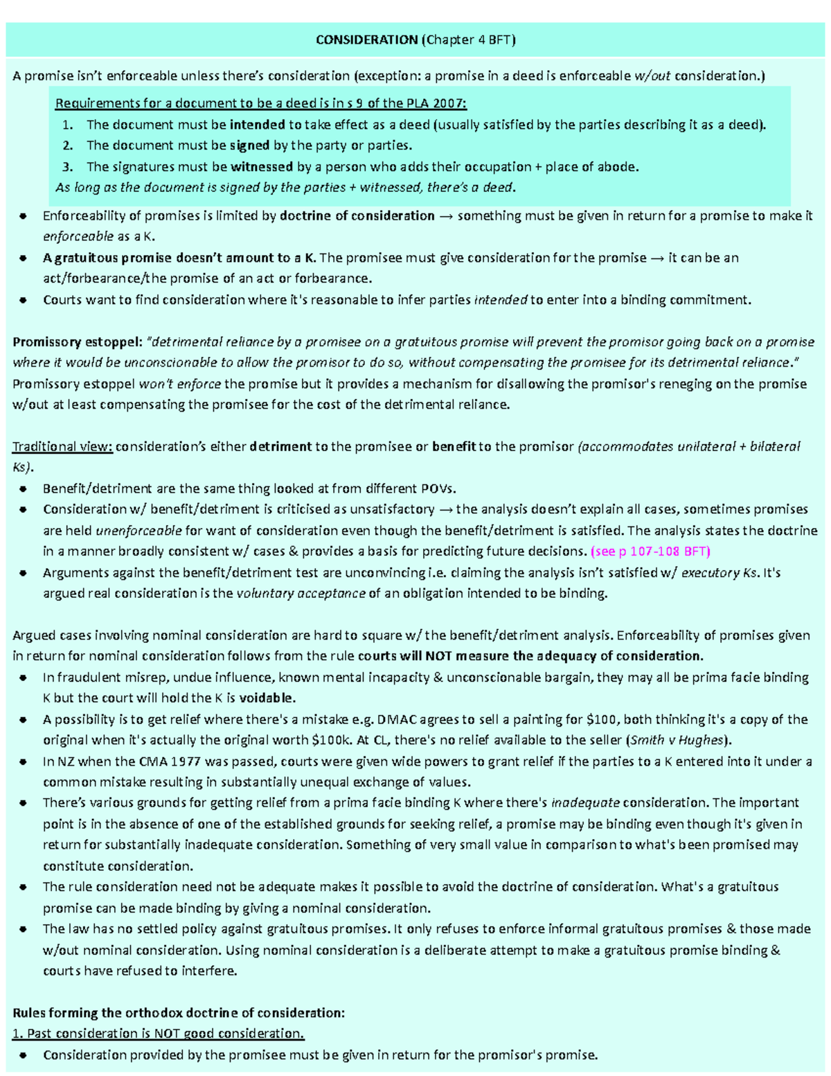 LAWS211 Exam Cheat Sheet - CONSIDERATION (Chapter 4 BFT) A promise isn’t enforceable unless ...