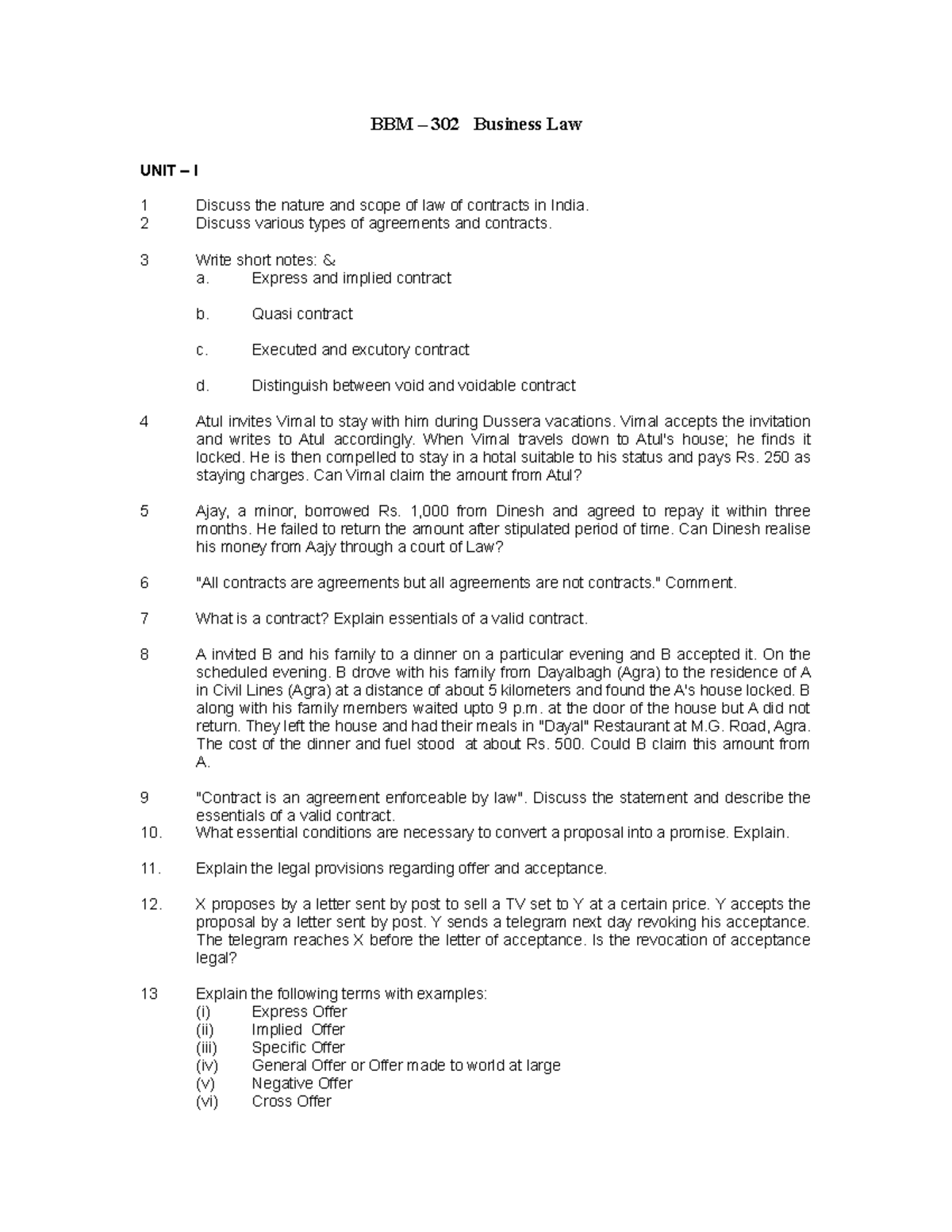 Question Bank - BBM – 302 Business Law UNIT – I 12 Discuss the nature ...