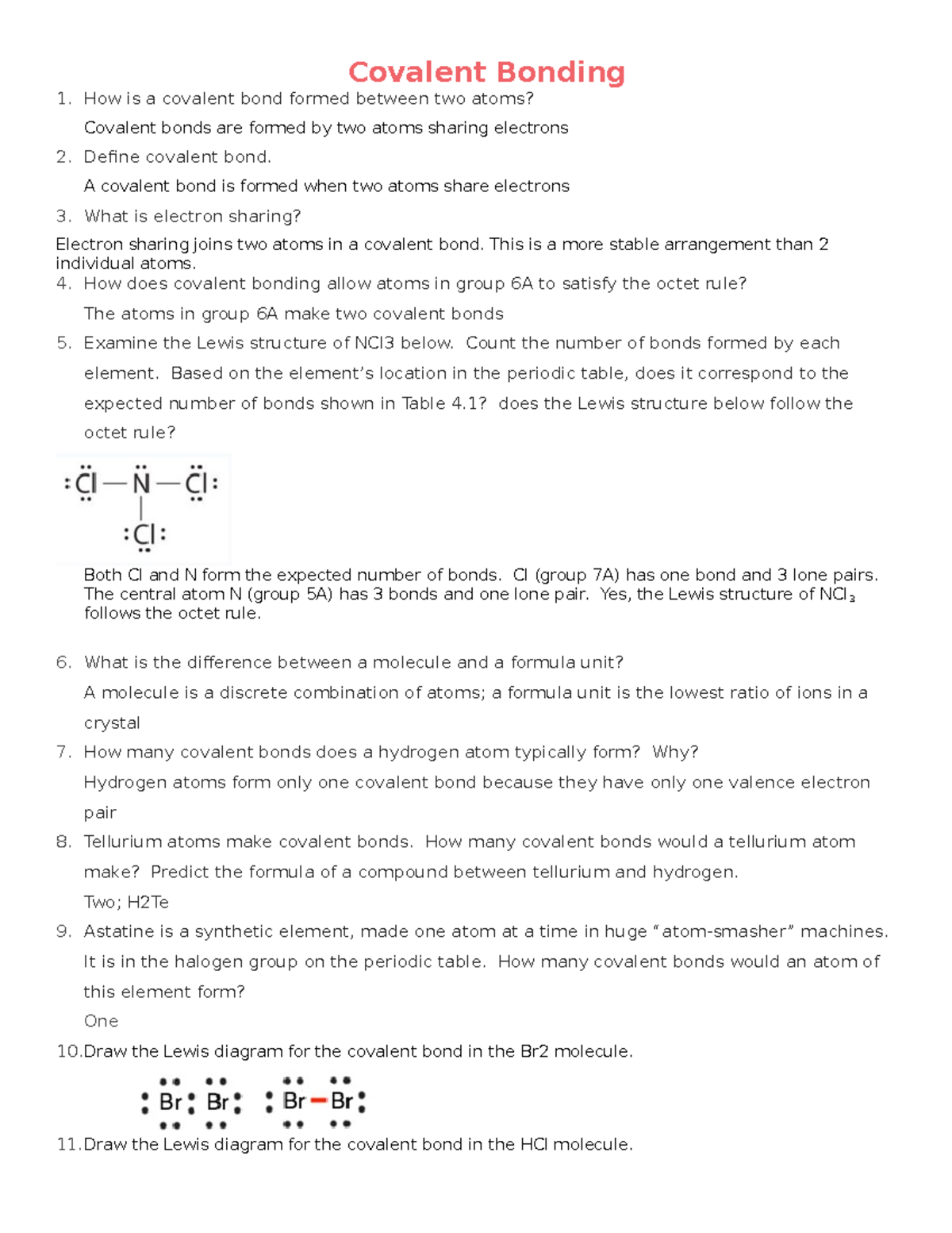 Section 4.1 Worksheet - ch 5 book - Covalent Bonding How is a covalent ...