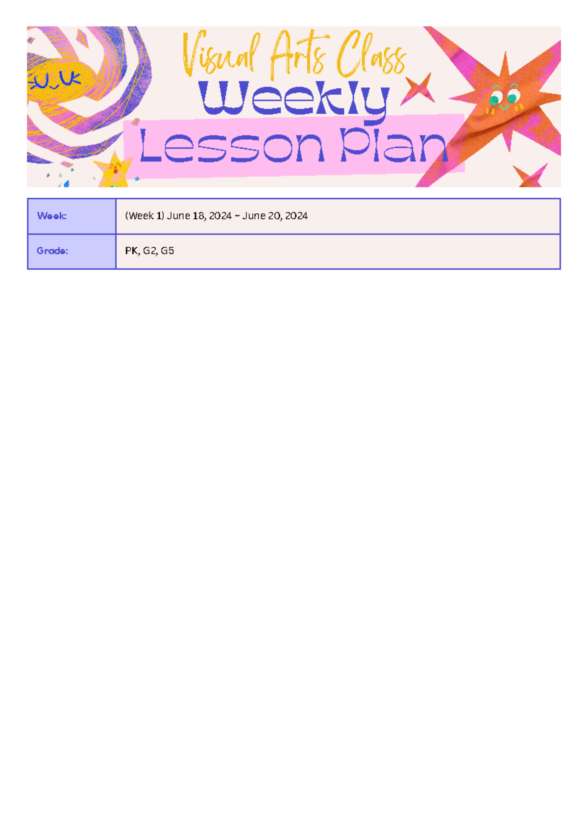 Visual Arts Class - Week 1 Lesson Plan - Lesson Plan Weekly Visual Arts ...
