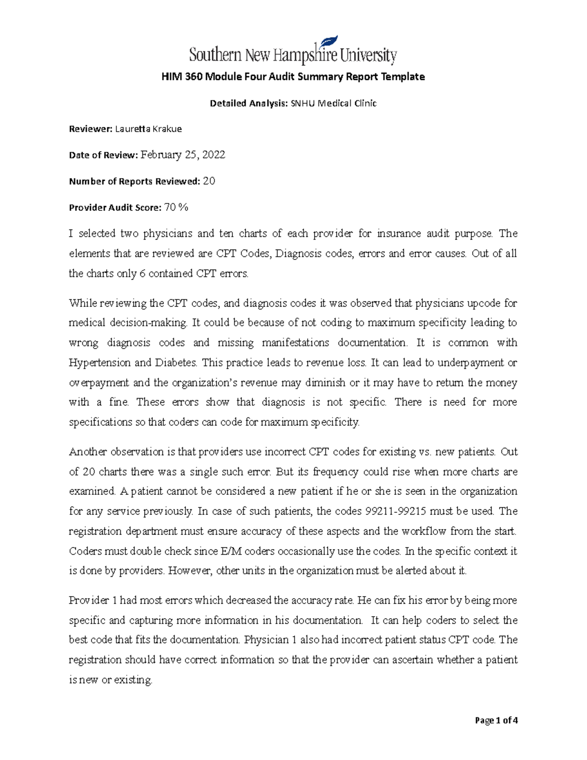 HIM 360 Module Four Summary Report document - HIM 360 Module Four Audit Summary Report Template ...