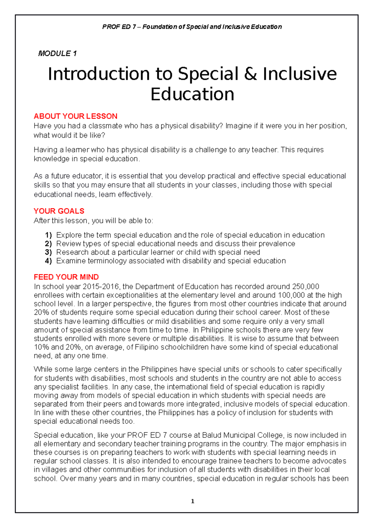 proffessional education 7 - MODULE 1 Introduction to Special ...