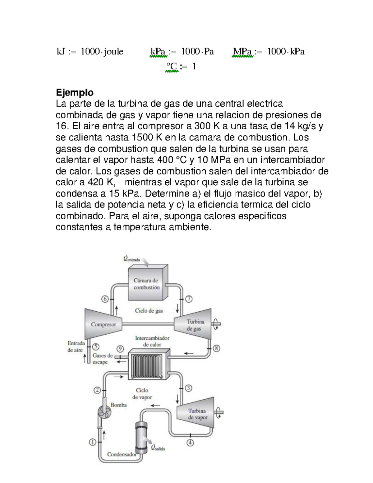 Ejemplo ciclo combinado - kJ 1000 joule kPa 1000 Pa MPa 1000 kPa °C 1 ...