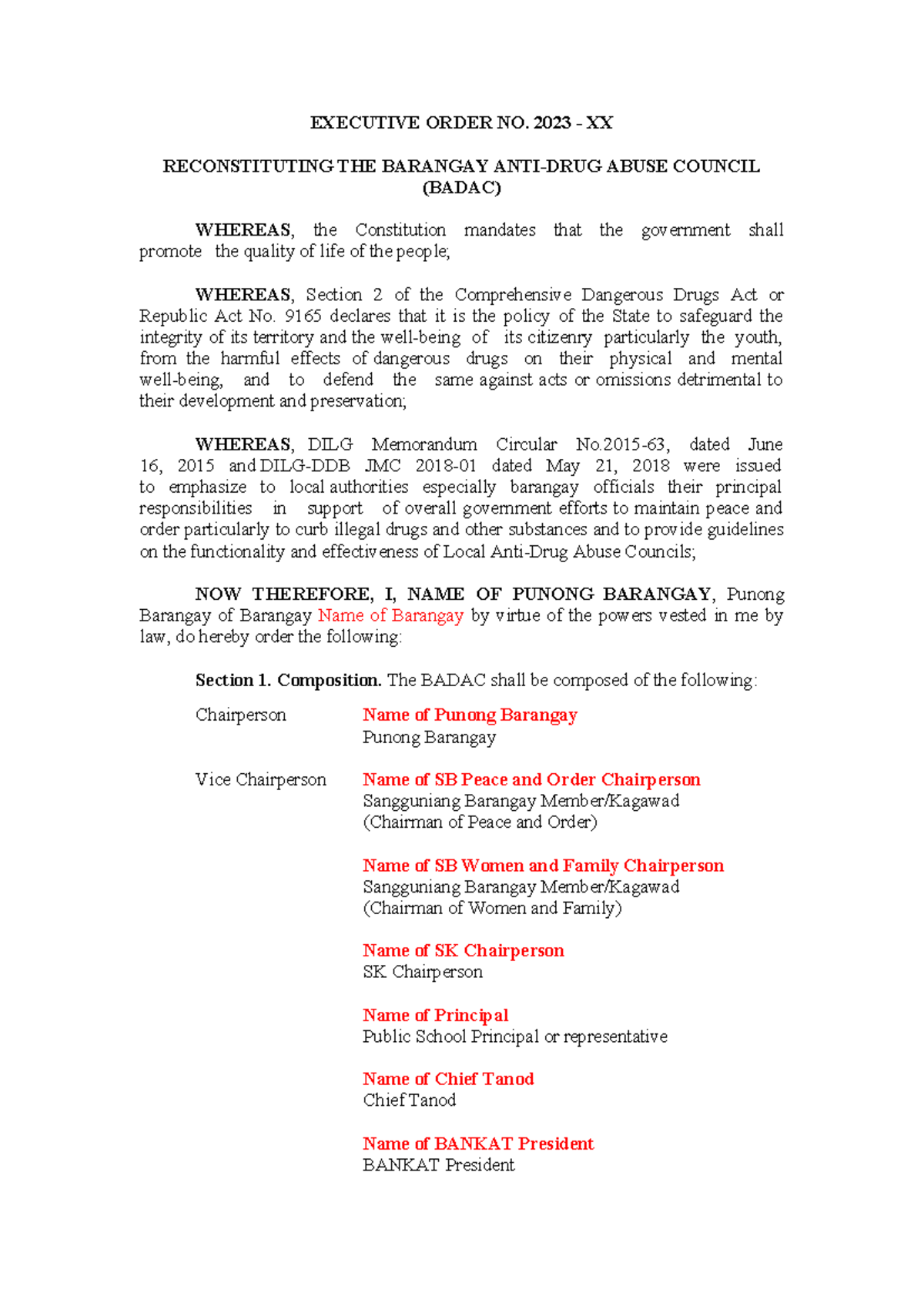 Bgy. Executive Order No. Badac - EXECUTIVE ORDER NO. 2023 - XX ...