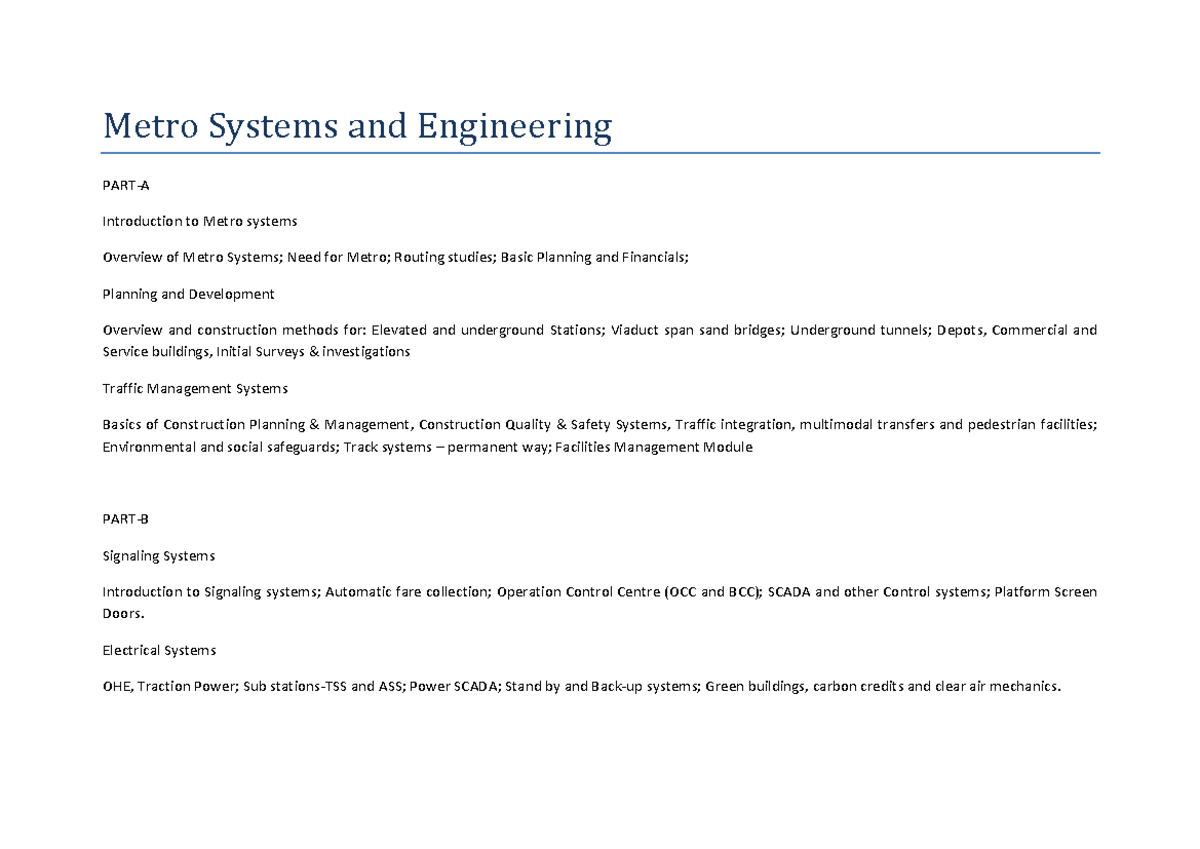 Metro Systems and Engineering-2 - Metro Systems and Engineering PART-A ...