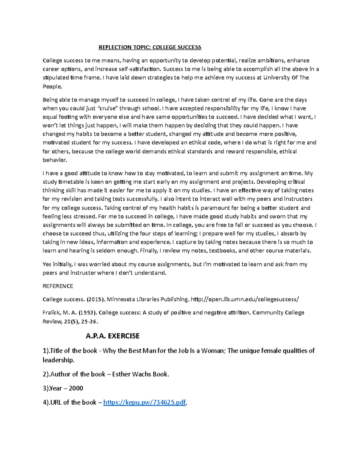 Reflection Topic; College Success - REFLECTION TOPIC: COLLEGE SUCCESS ...