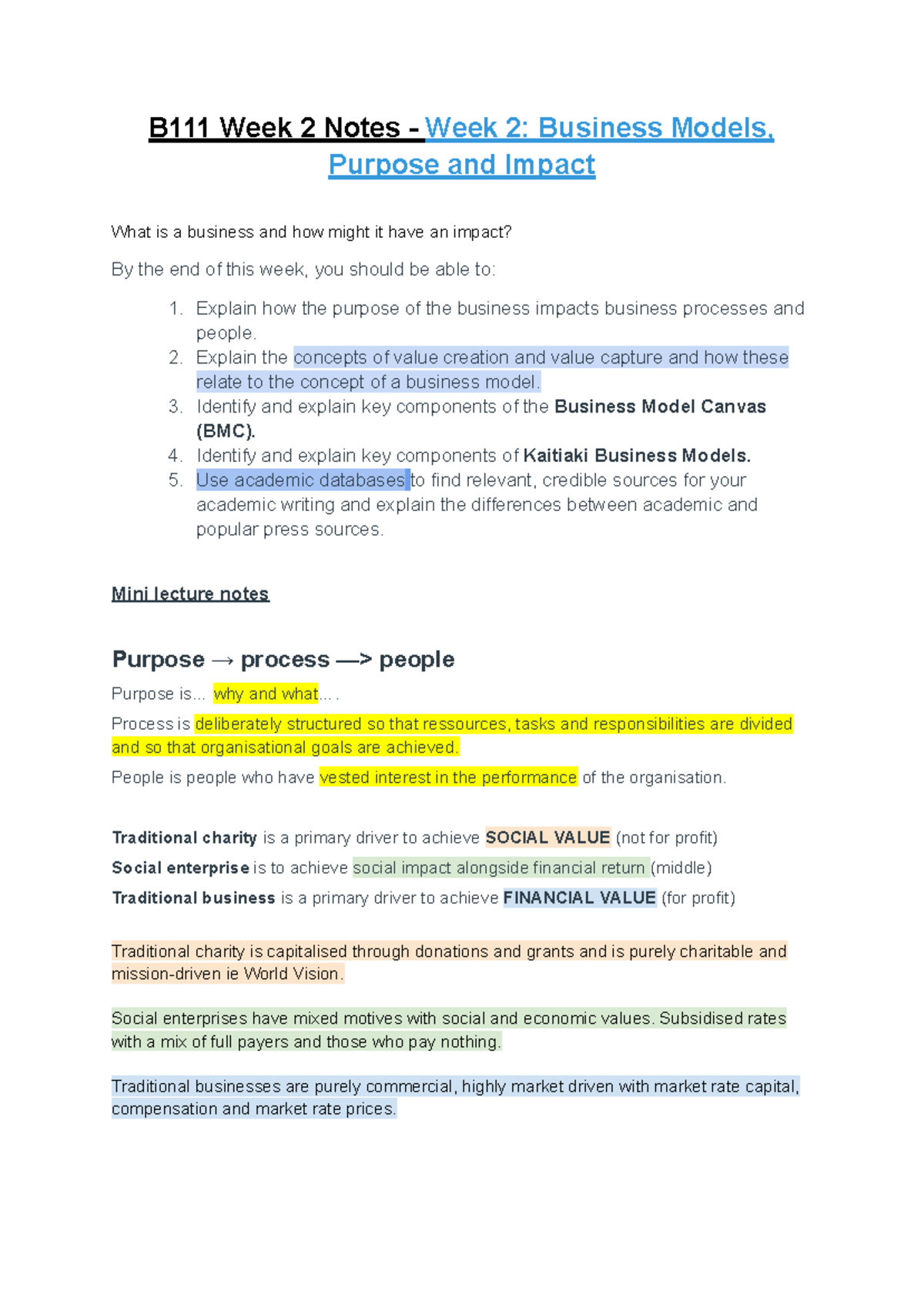 B111 Week 2 Notes - Week 2 Business Models, Purpose and Impact ...