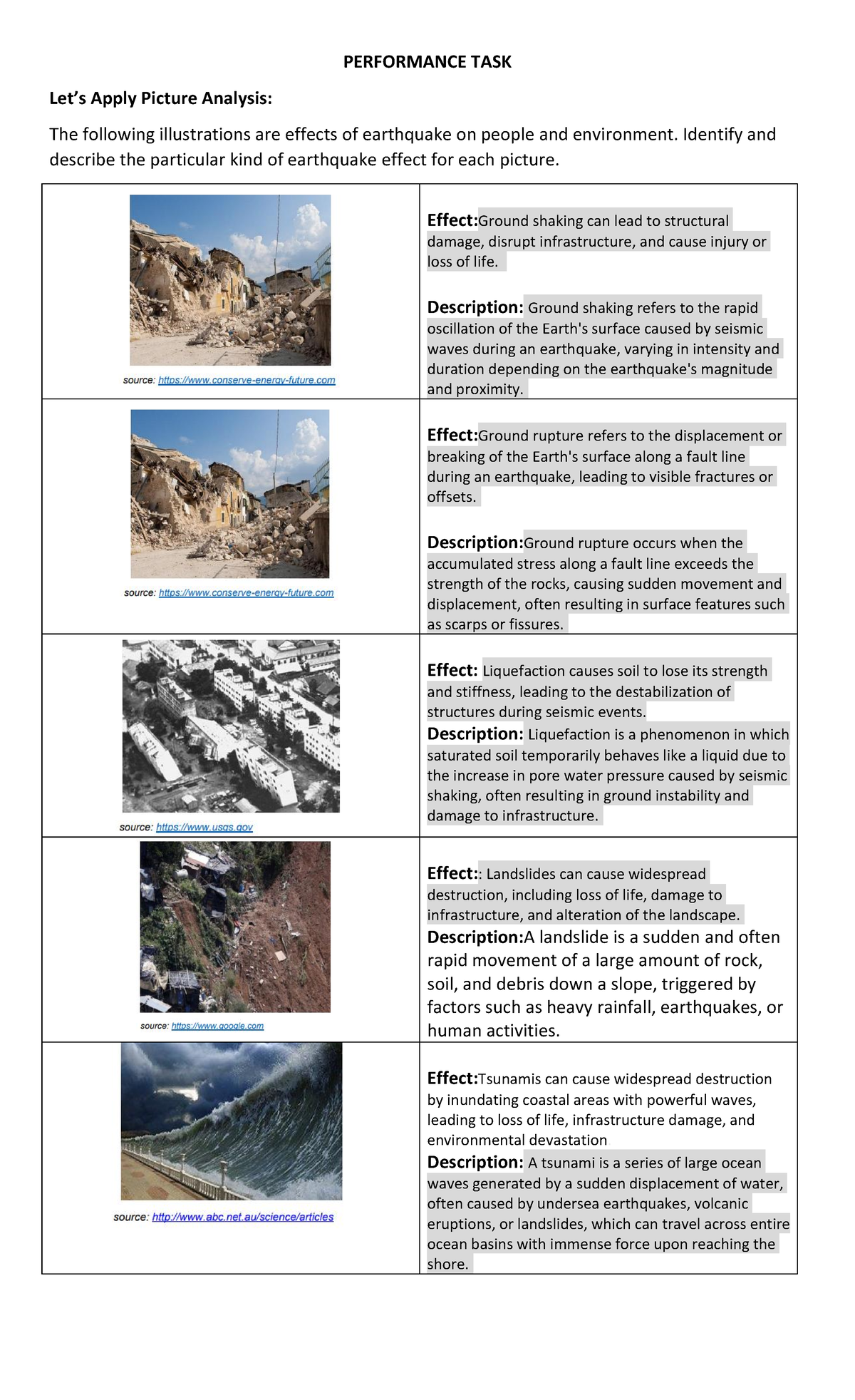 Performance TASK Earthquake 1 - PERFORMANCE TASK Let’s Apply Picture ...