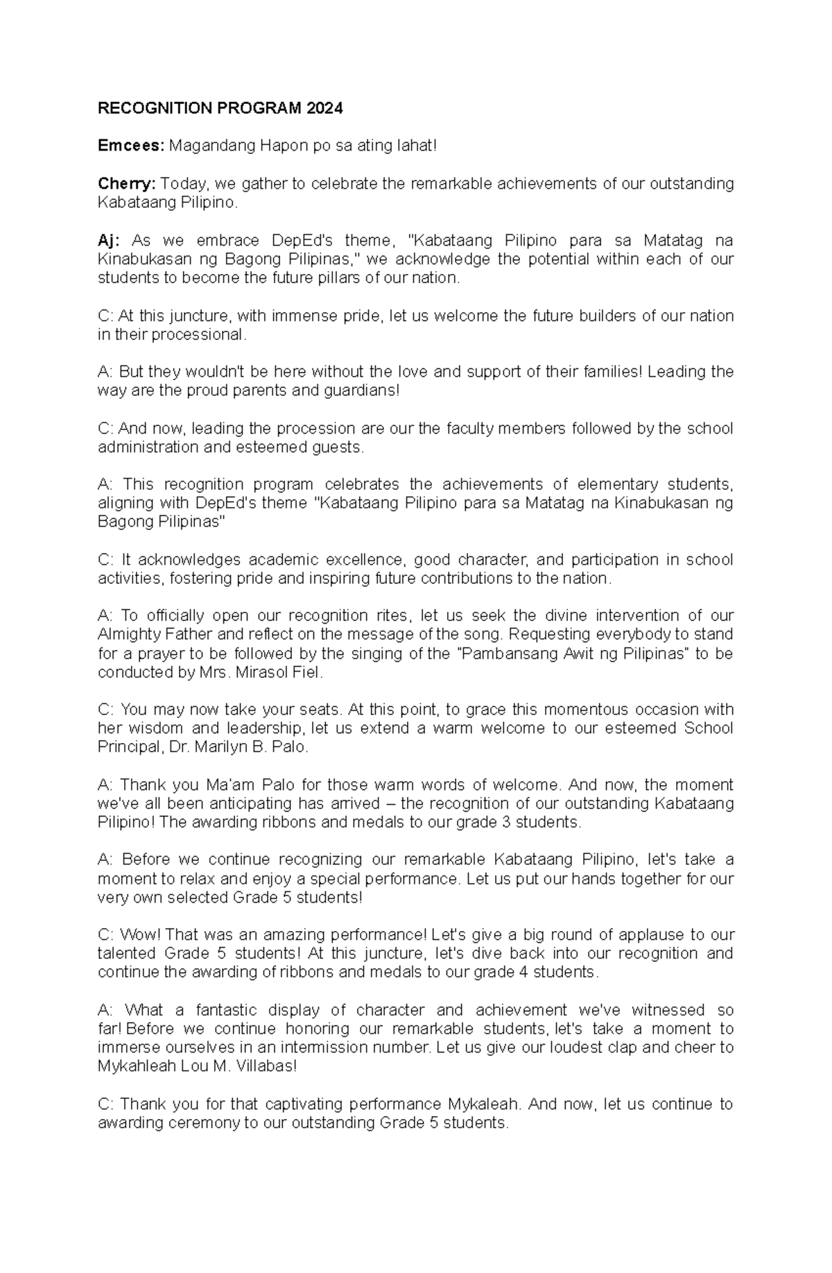 Recognition Program 2024 - RECOGNITION PROGRAM 2024 Emcees: Magandang ...