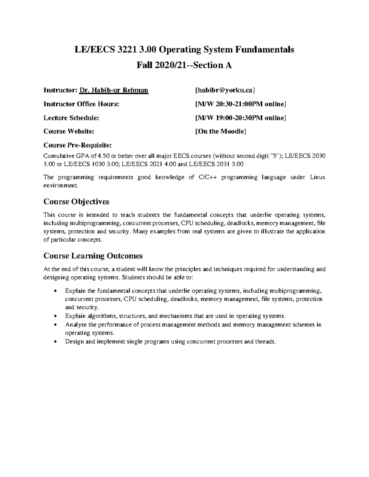 EECS3221-Course Outline-F20 - LE/EECS 3221 3 Operating System ...