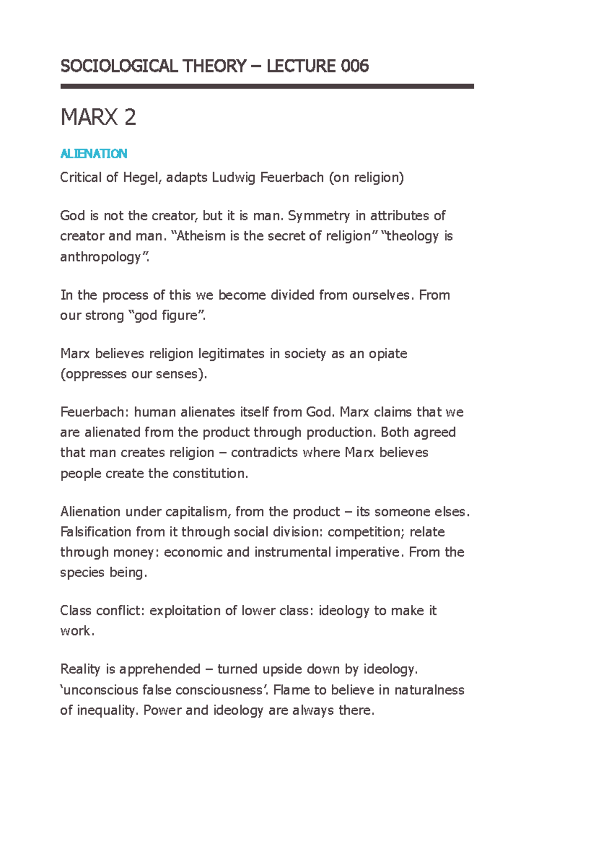 Karl Marx Lecture Notes - SOCIOLOGICAL THEORY – LECTURE 006 MARX 2 ...