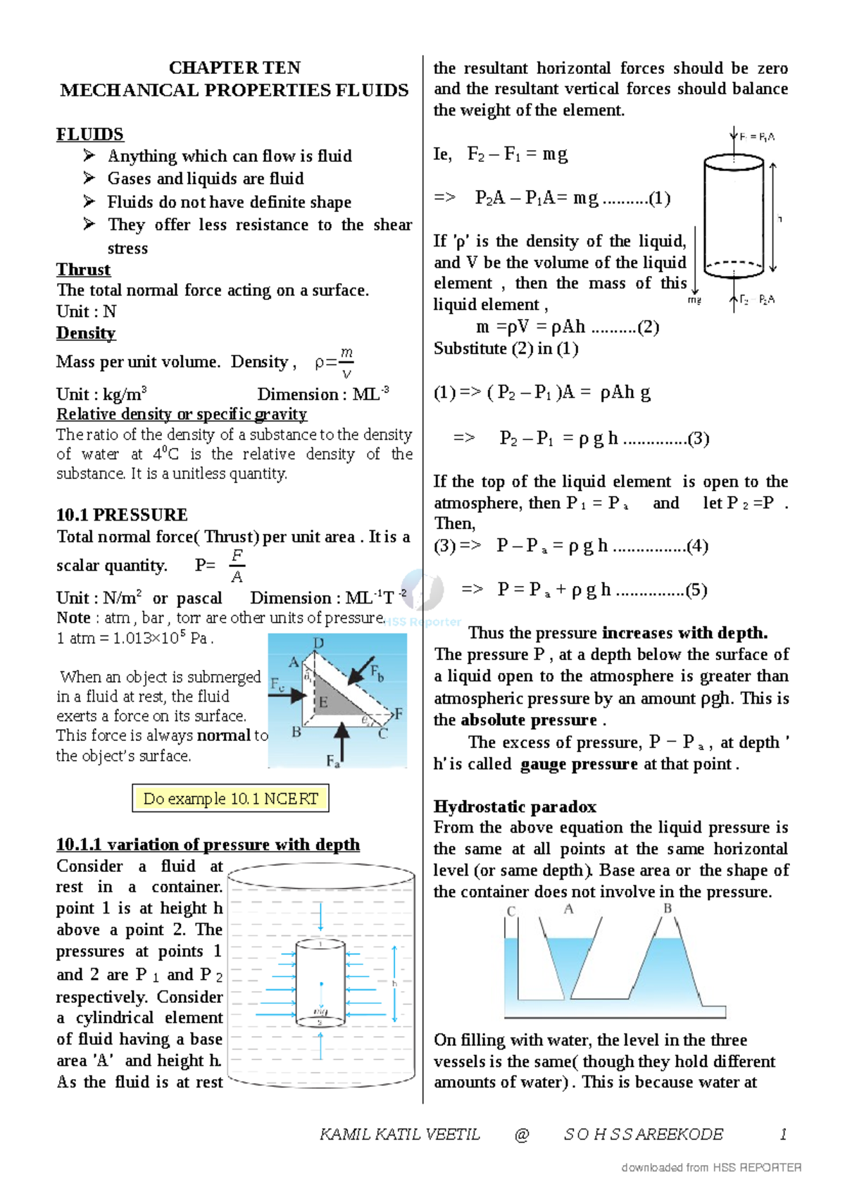 HSSRptr-Chapter 10 Notes-Mechanical properties of fluids - CHAPTER TEN ...