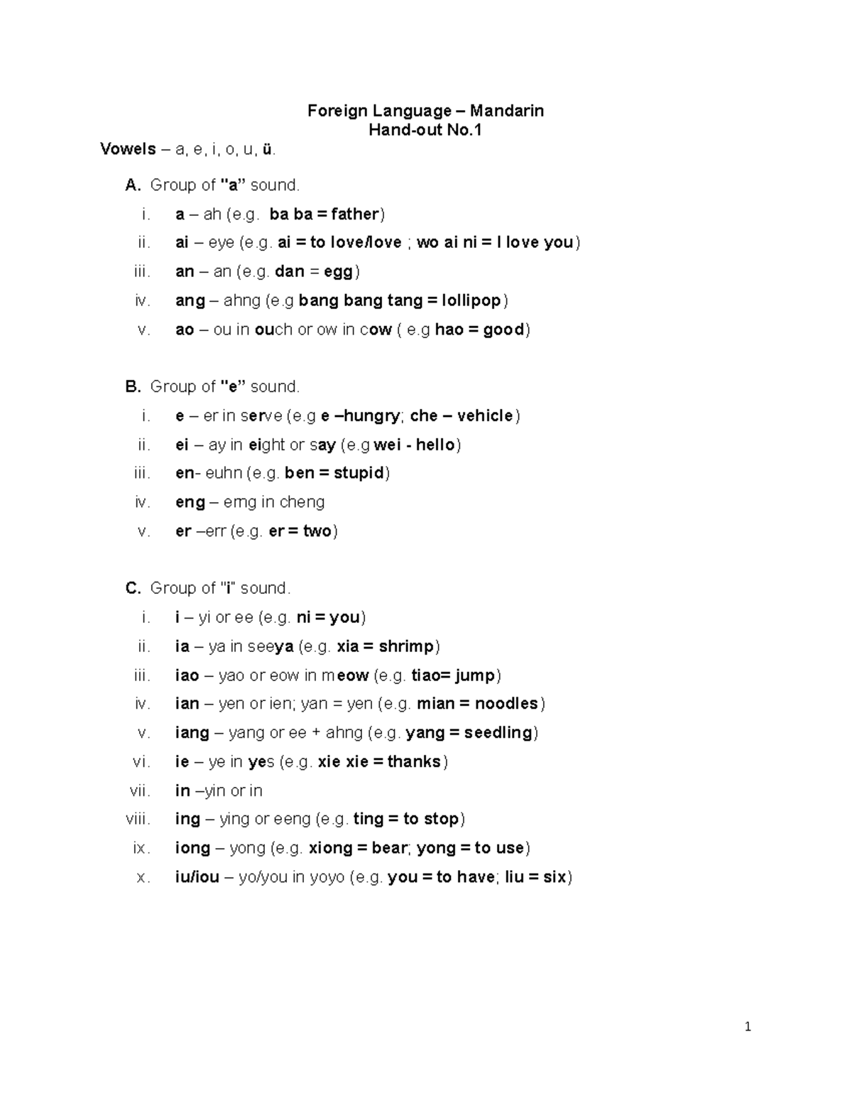 1. Mandarin Chinese Hand-out No.1 (Vowel, Consonant) - Foreign Language – Mandarin Hand-out No ...