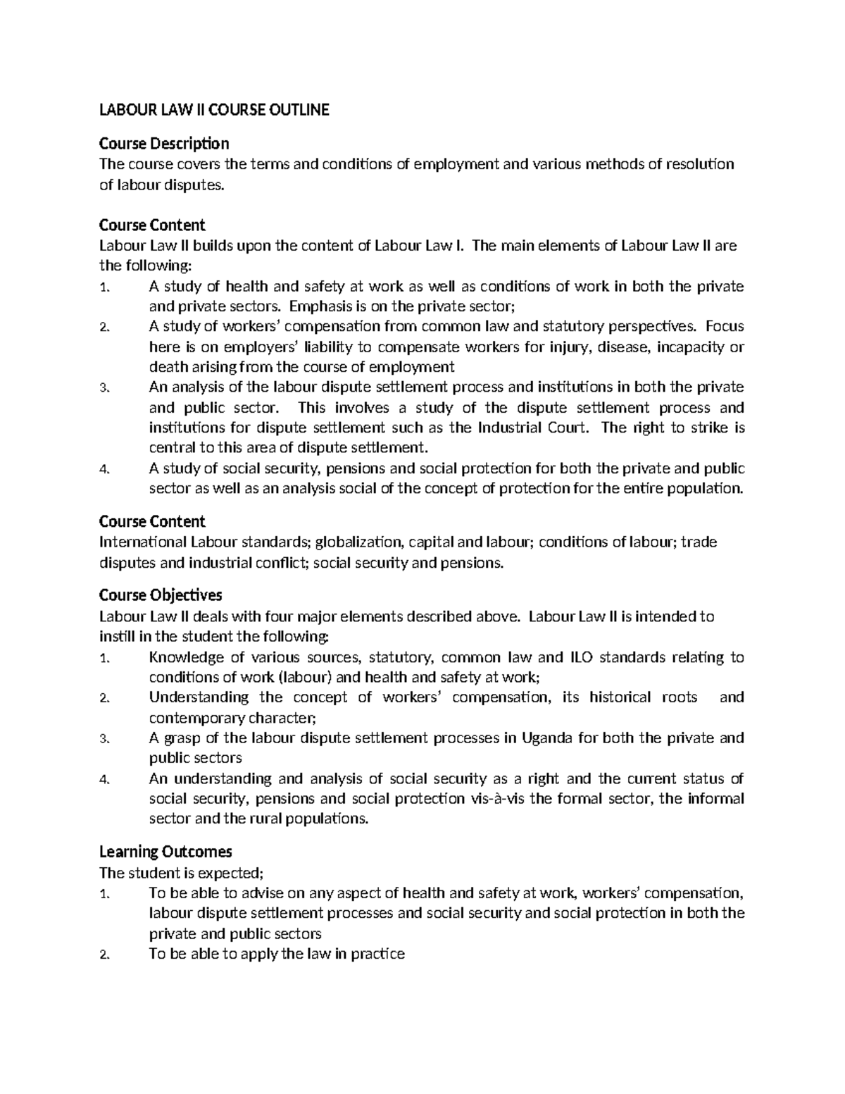 Labour LAW II Course Outline - LABOUR LAW II COURSE OUTLINE Course ...