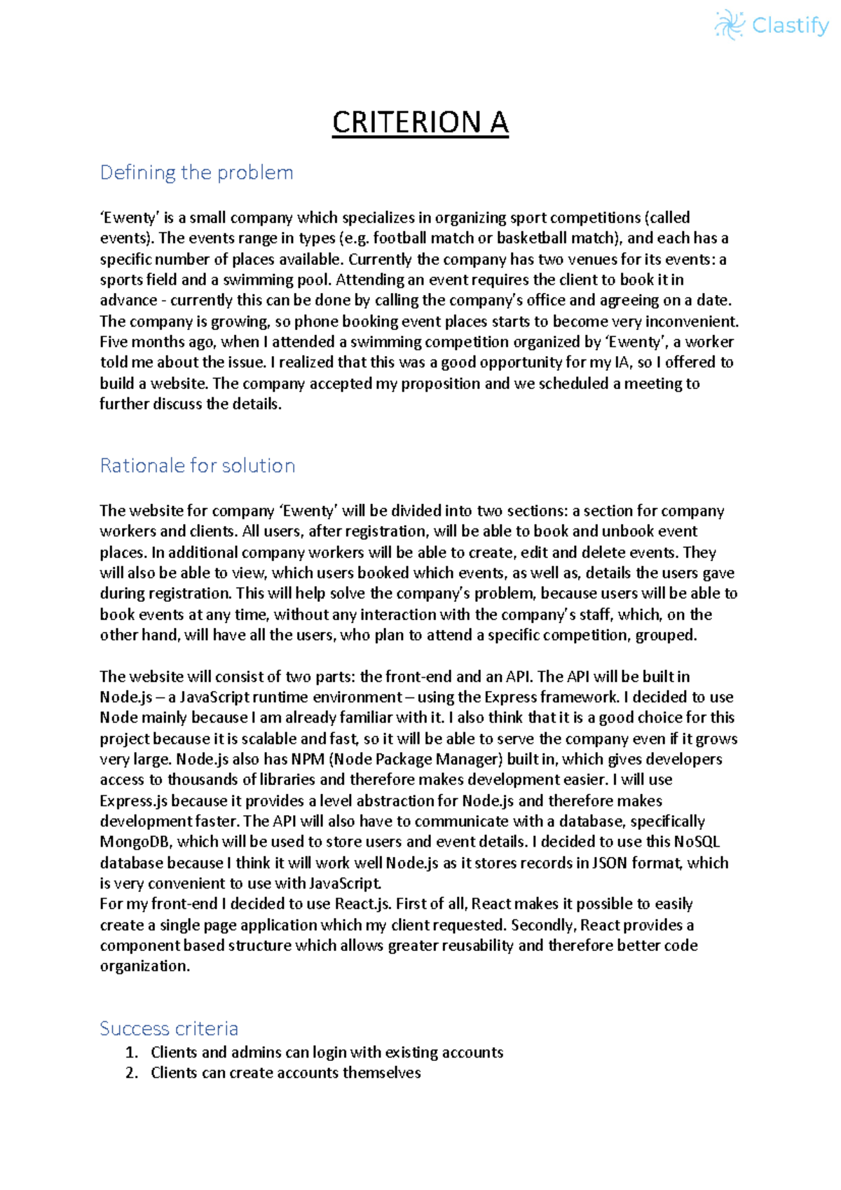 Comp Sci - Website using React and Node js - CRITERION A Defining the problem ‘Ewenty’ is a ...