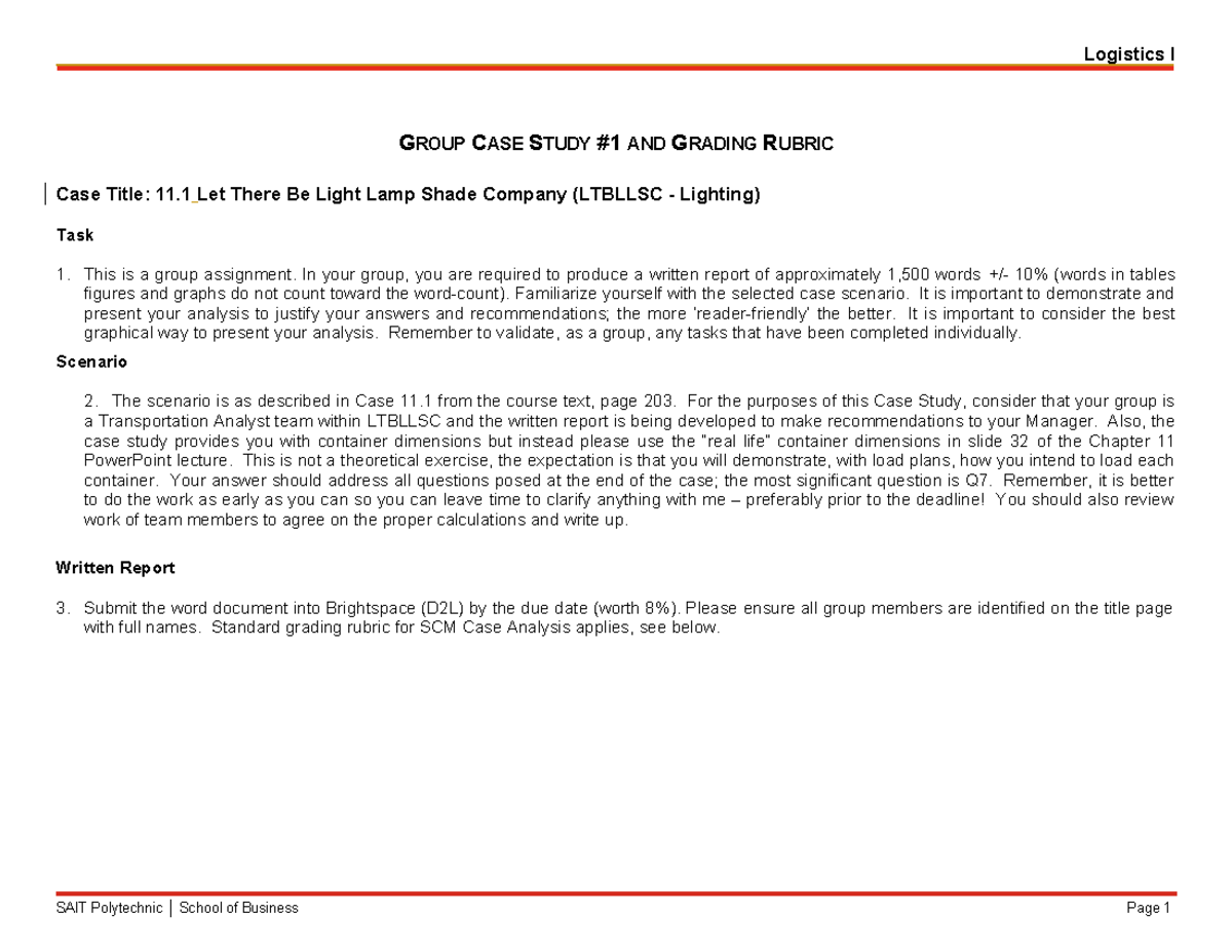 Lighting Group Case Study and Rubric - Logistics I GROUP CASE STUDY #1 AND GRADING RUBRIC Case ...