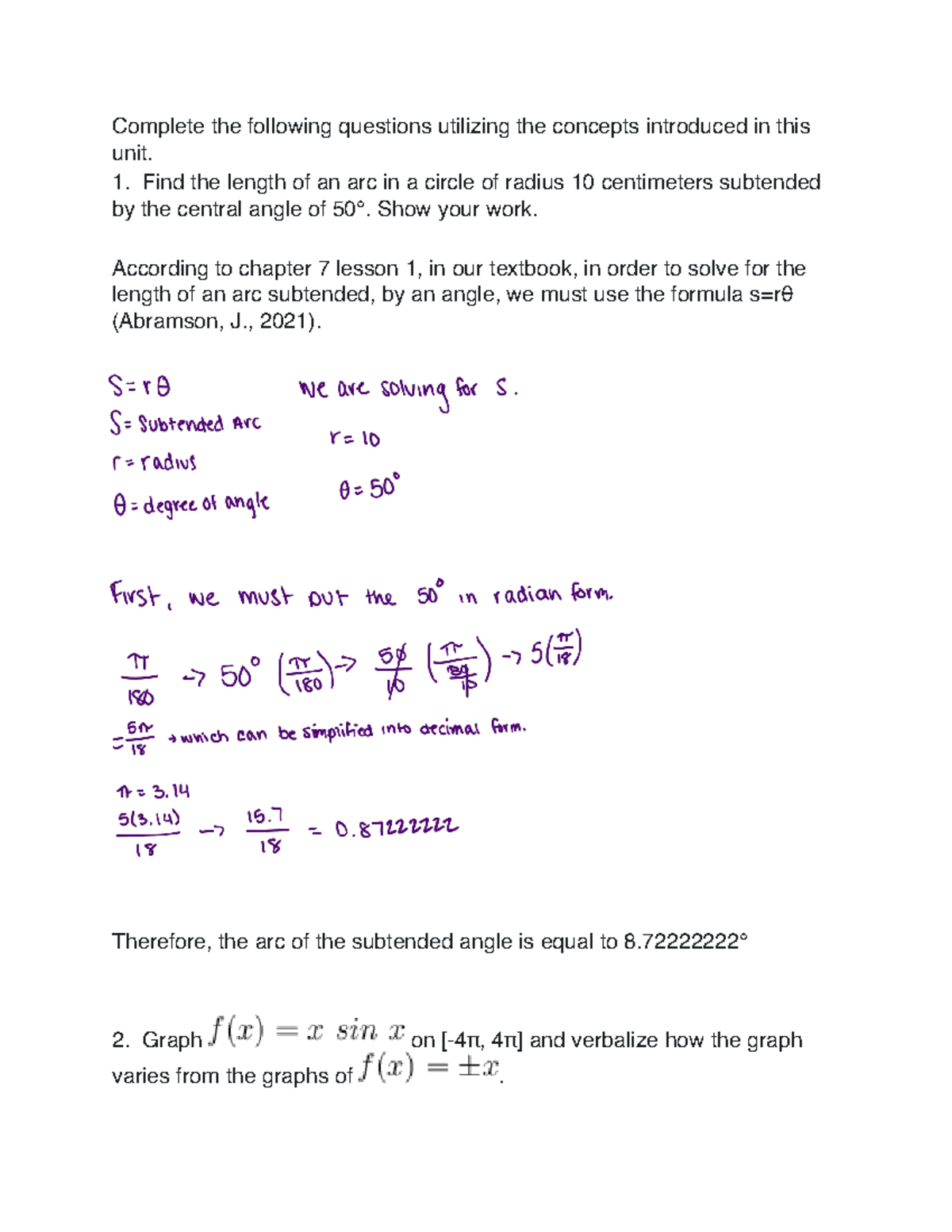 Math unit 7 written assignment - Complete the following questions ...