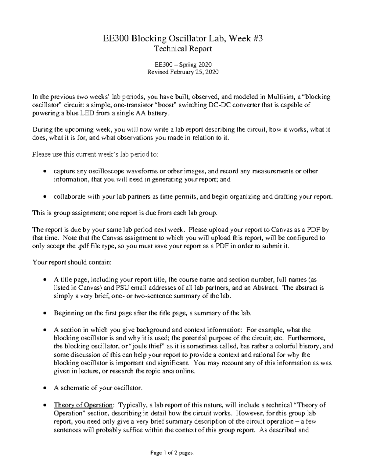 EE300-2020S-Lab-Blocking-Oscillator Week 03 Technical Report 2020-02-25.a - Page 1 of 2 pages ...