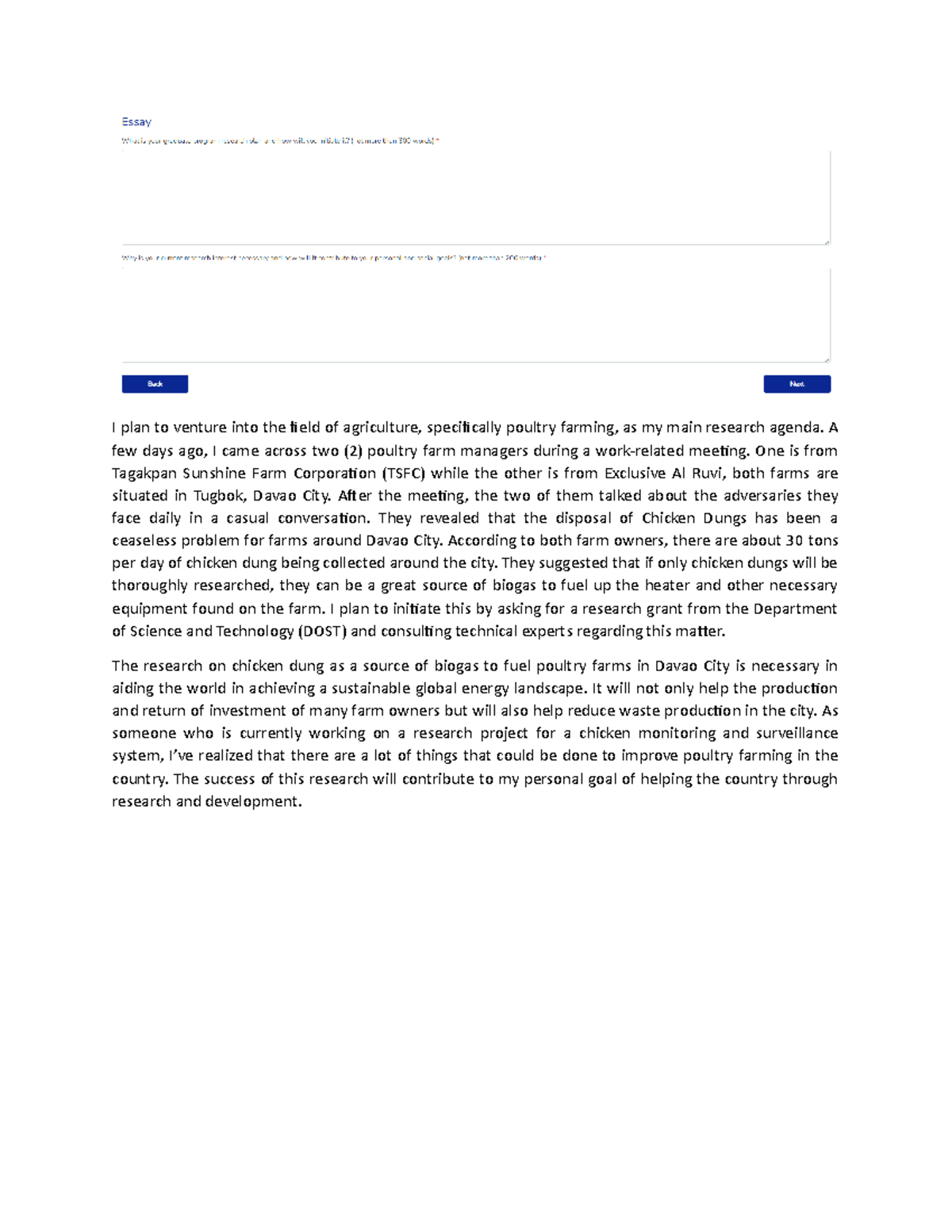 Essay - Ateneo - I plan to venture into the field of agriculture ...
