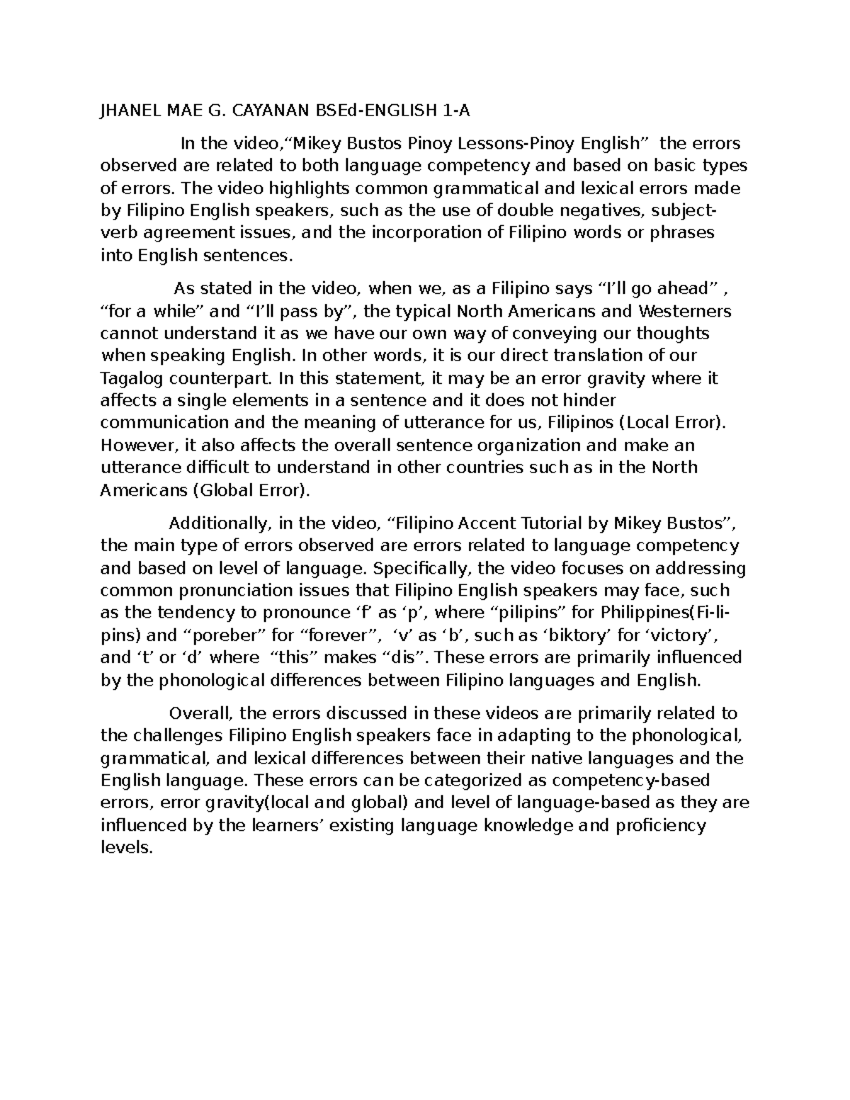 Activity on Errors - JHANEL MAE G. CAYANAN BSEd-ENGLISH 1-A In the ...