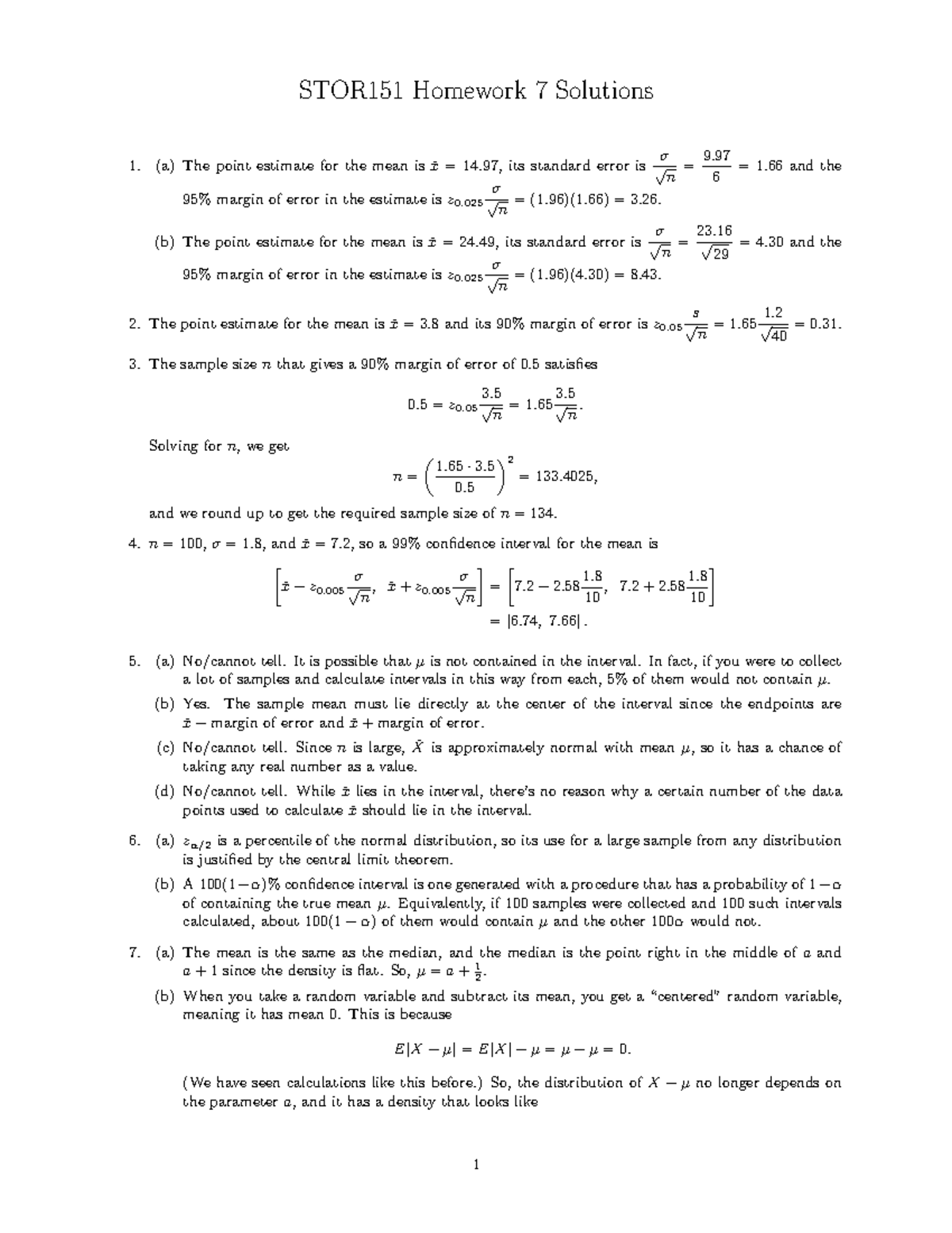 HW7Solutions - answers to homework - STOR151 Homework 7 Solutions 9 σ 1 ...