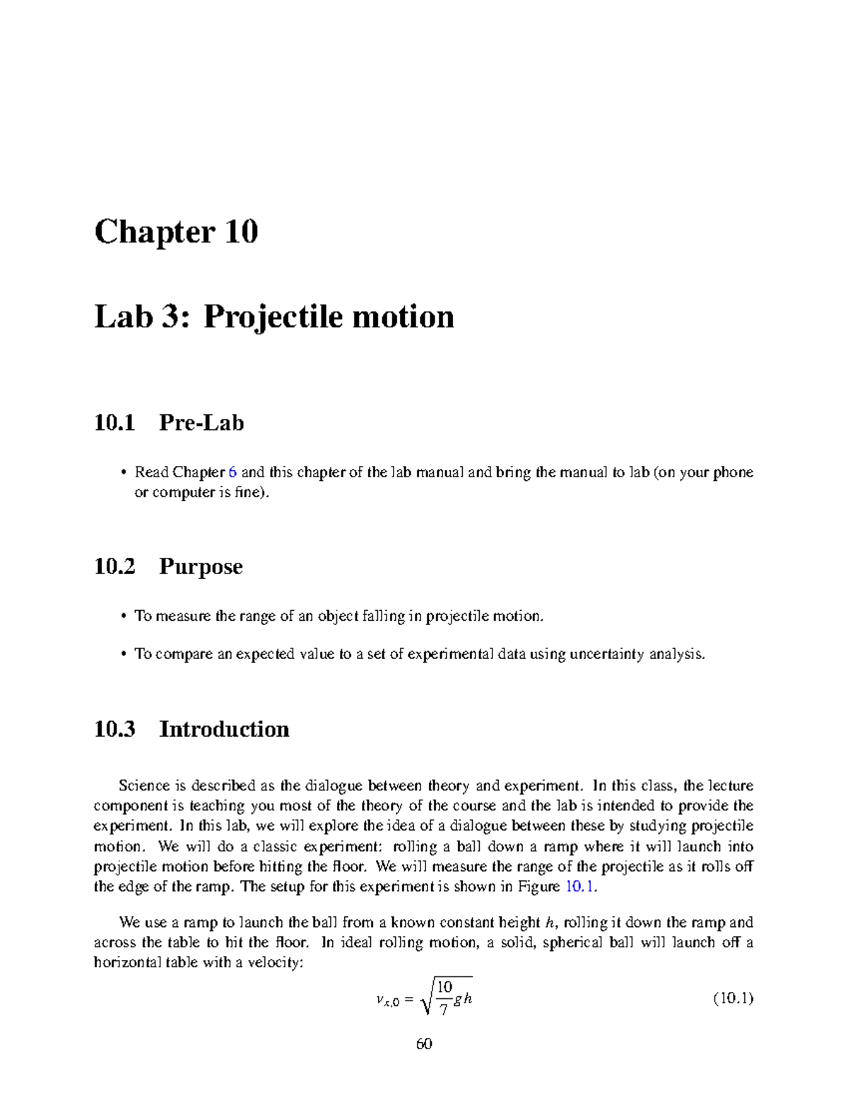 PHYS 124 L3 Projectile Motion Manual - Chapter 10 Lab 3: Projectile ...