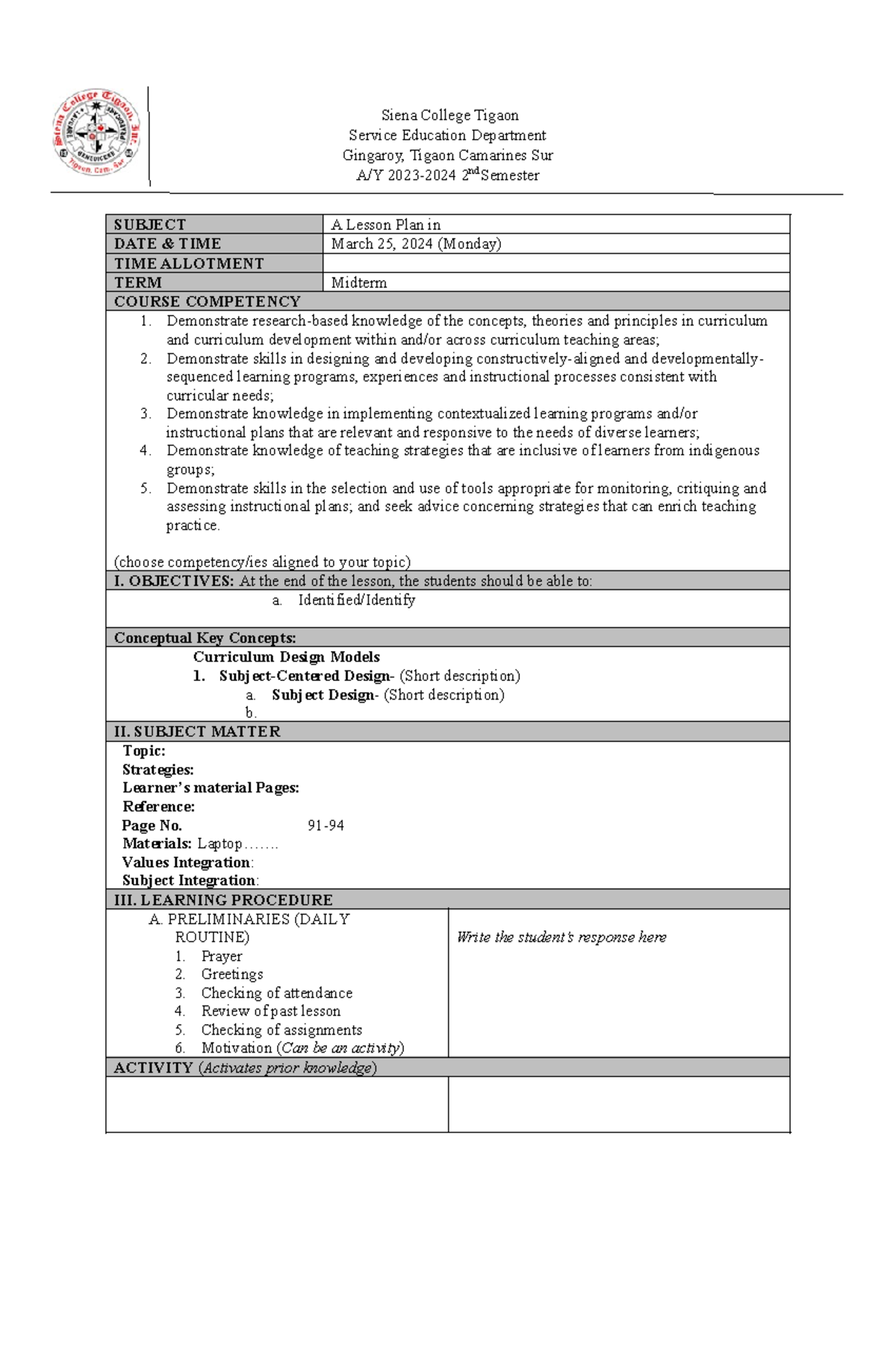 4As-Lesson-Plan Template - Siena College Tigaon Service Education ...