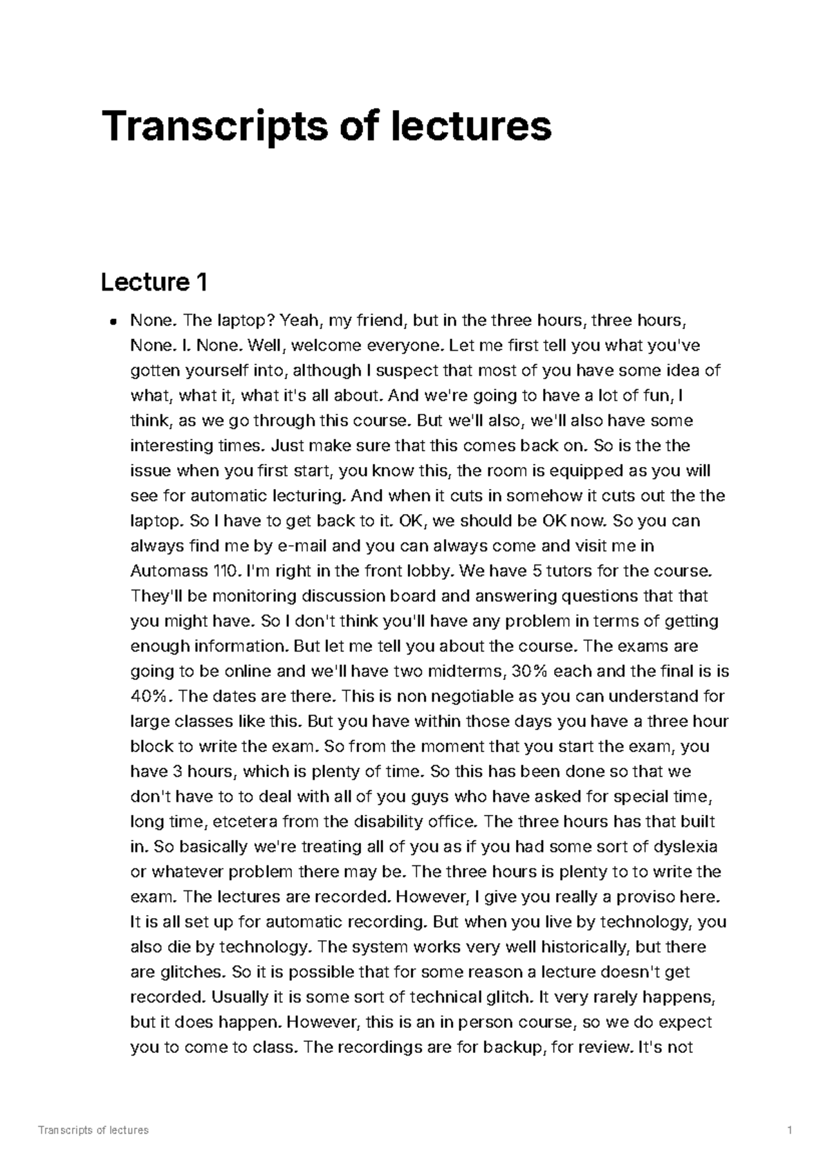 Lecture Transcripts CHEM 183 - Transcripts of lectures Lecture 1 None. The laptop? Yeah, my ...