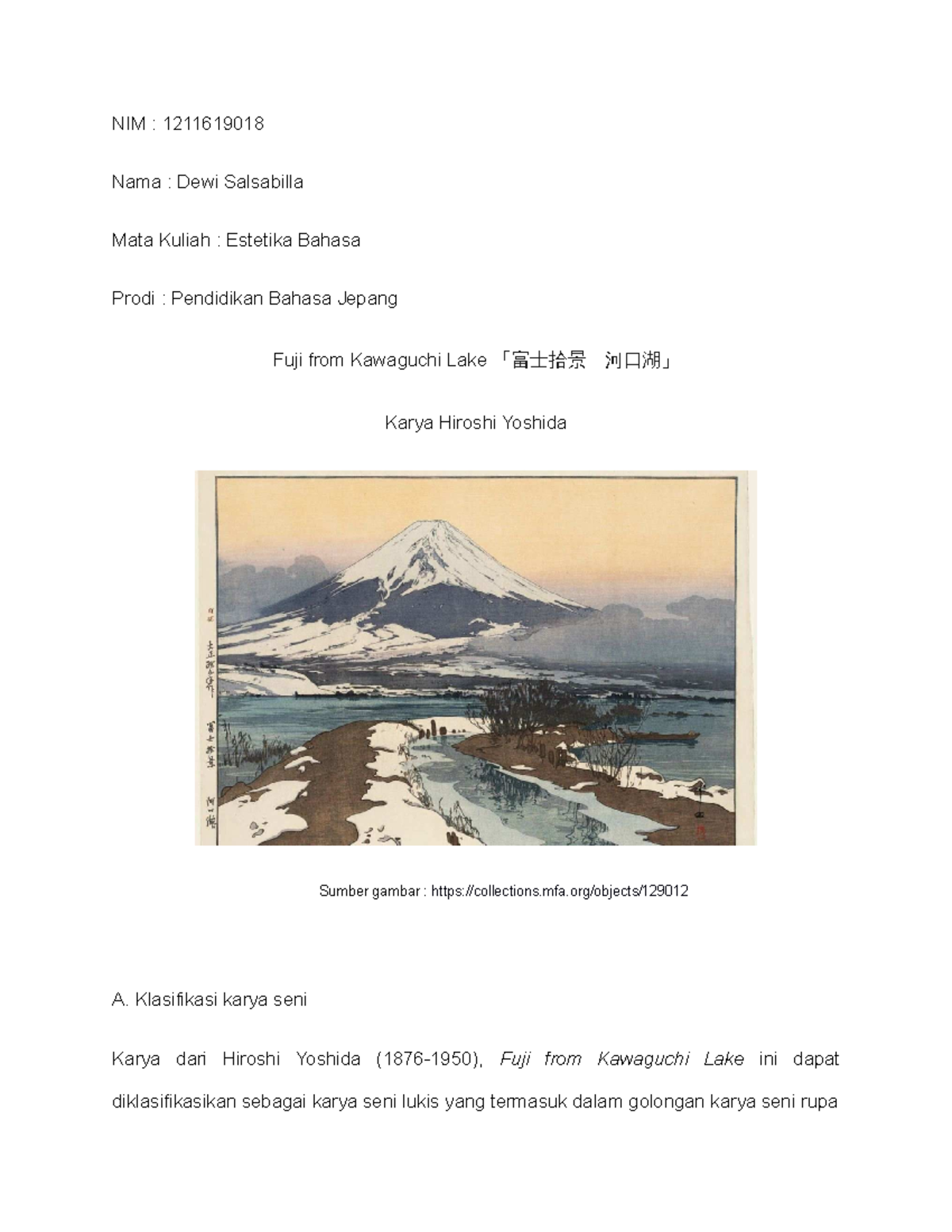 Pengamatan Karya Seni - Fuji from Kawaguchi Lake by Hiroshi Yoshida - NIM : 1211619018 Nama ...