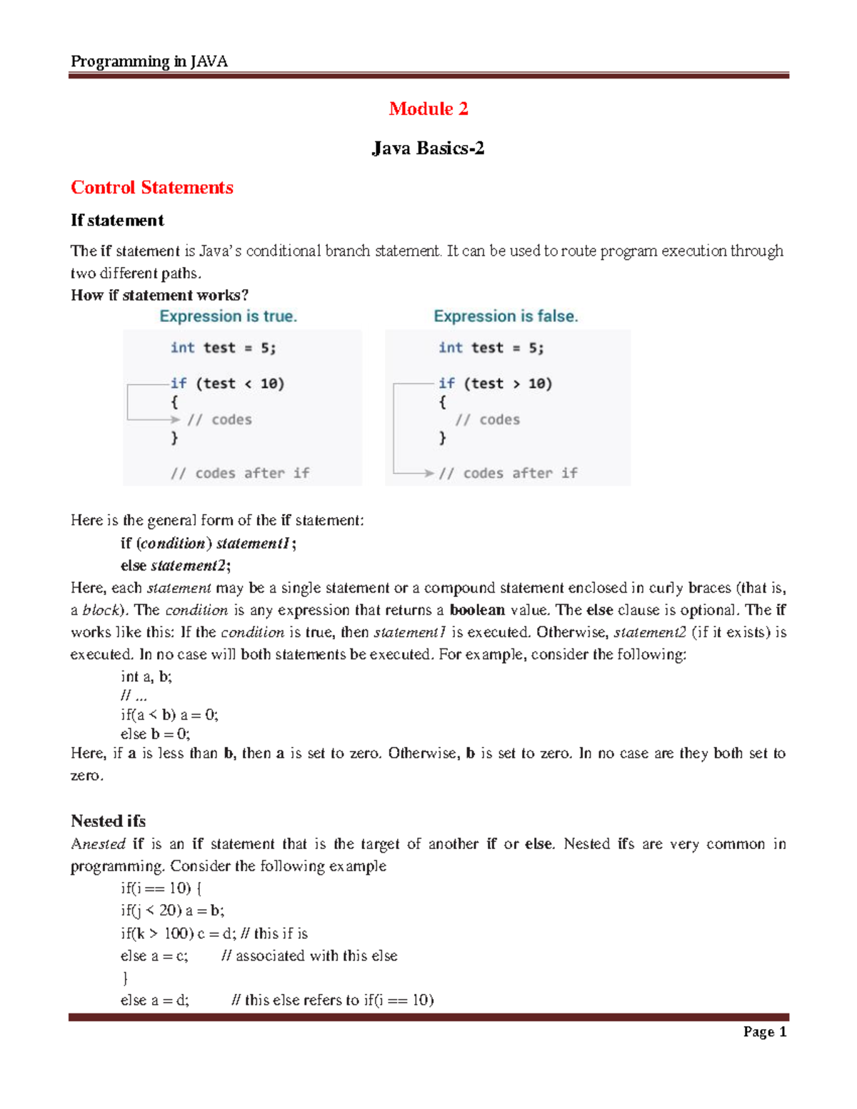 Java Module 2 Notes - Module 2 Java Basics- Control Statements If ...