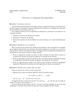 Td2 - Td2 - Algorithmique et programmation L2 MIASHS-Math TD 2 2020- Tris na ̈ıfs Exercice - Studocu
