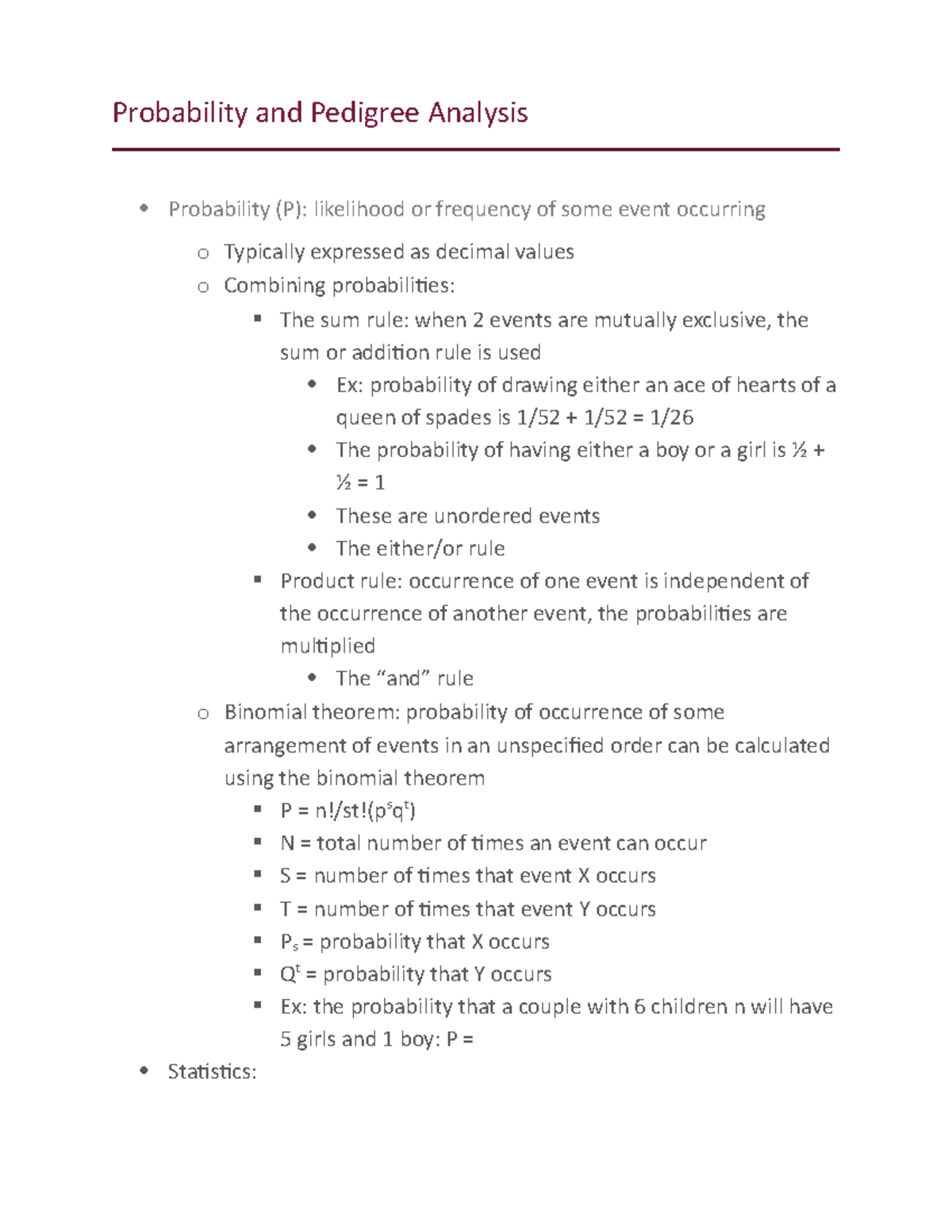 Probability and Pedigree Analysis Dr Skow BIMS 320 - GENE 320 - TAMU ...