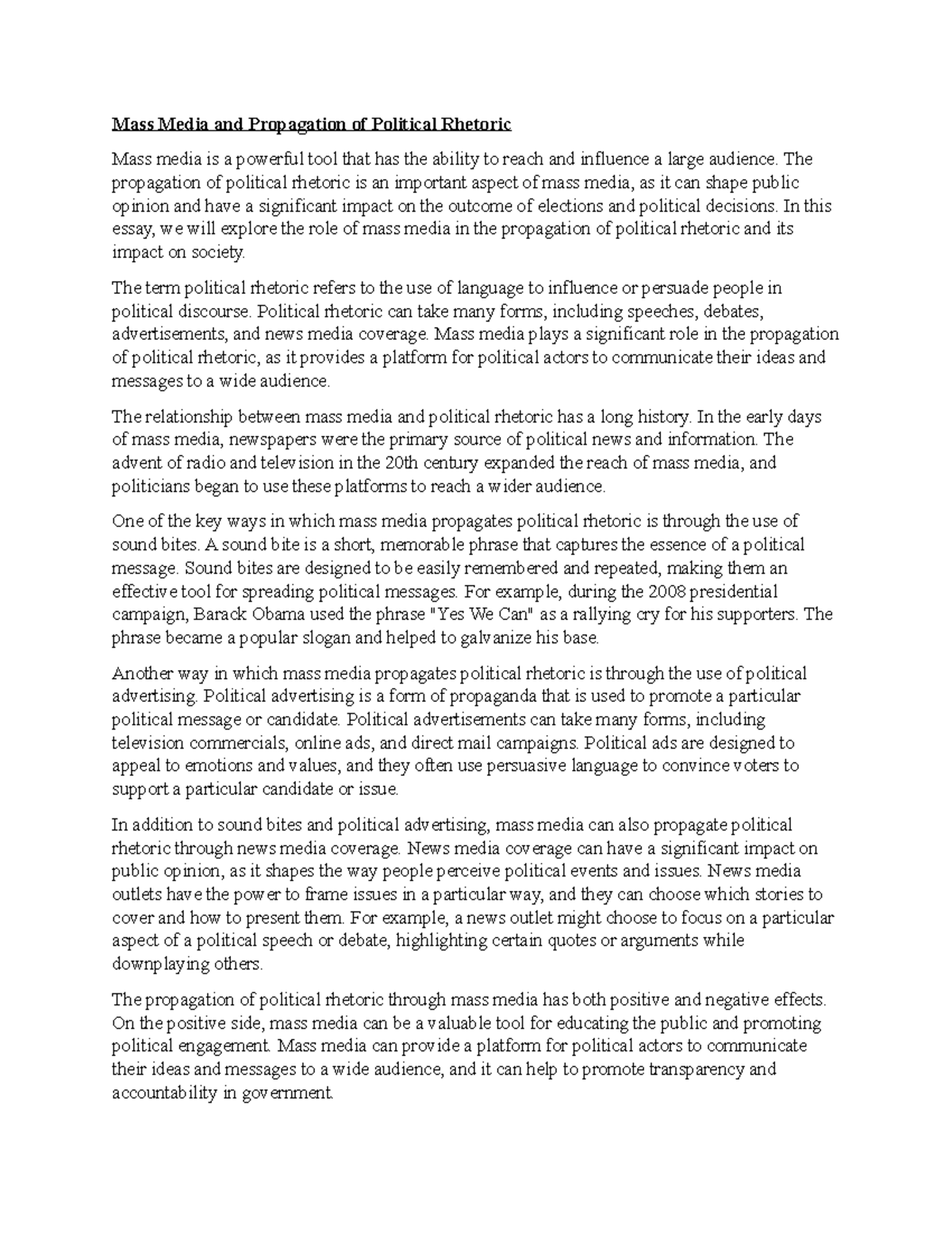 Mass Media and Propagation of Political Rhetoric - The propagation of ...