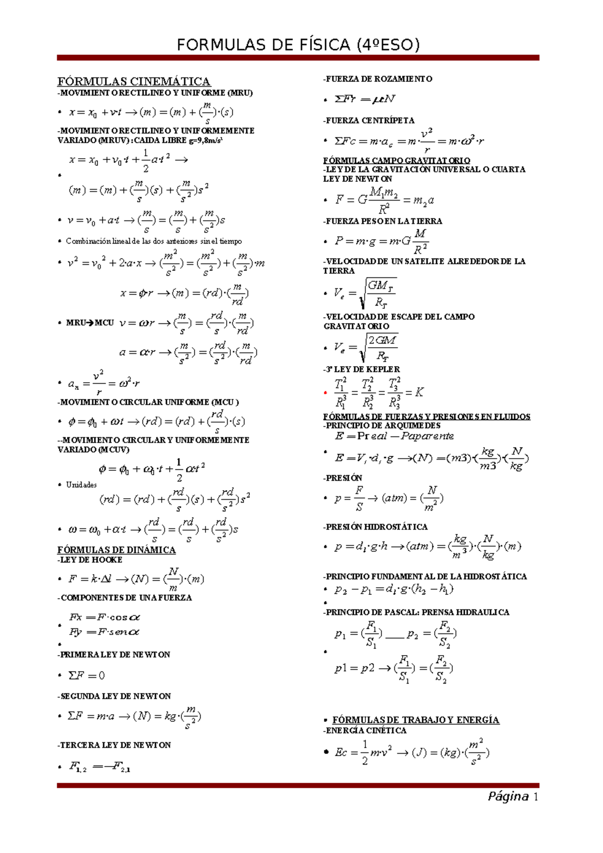 Formulario Fisica 4º ESO - FORMULAS DE FÍSICA (4ºESO) FÓRMULAS CINEMÁTICA -MOVIMIENTO RECTILINEO ...