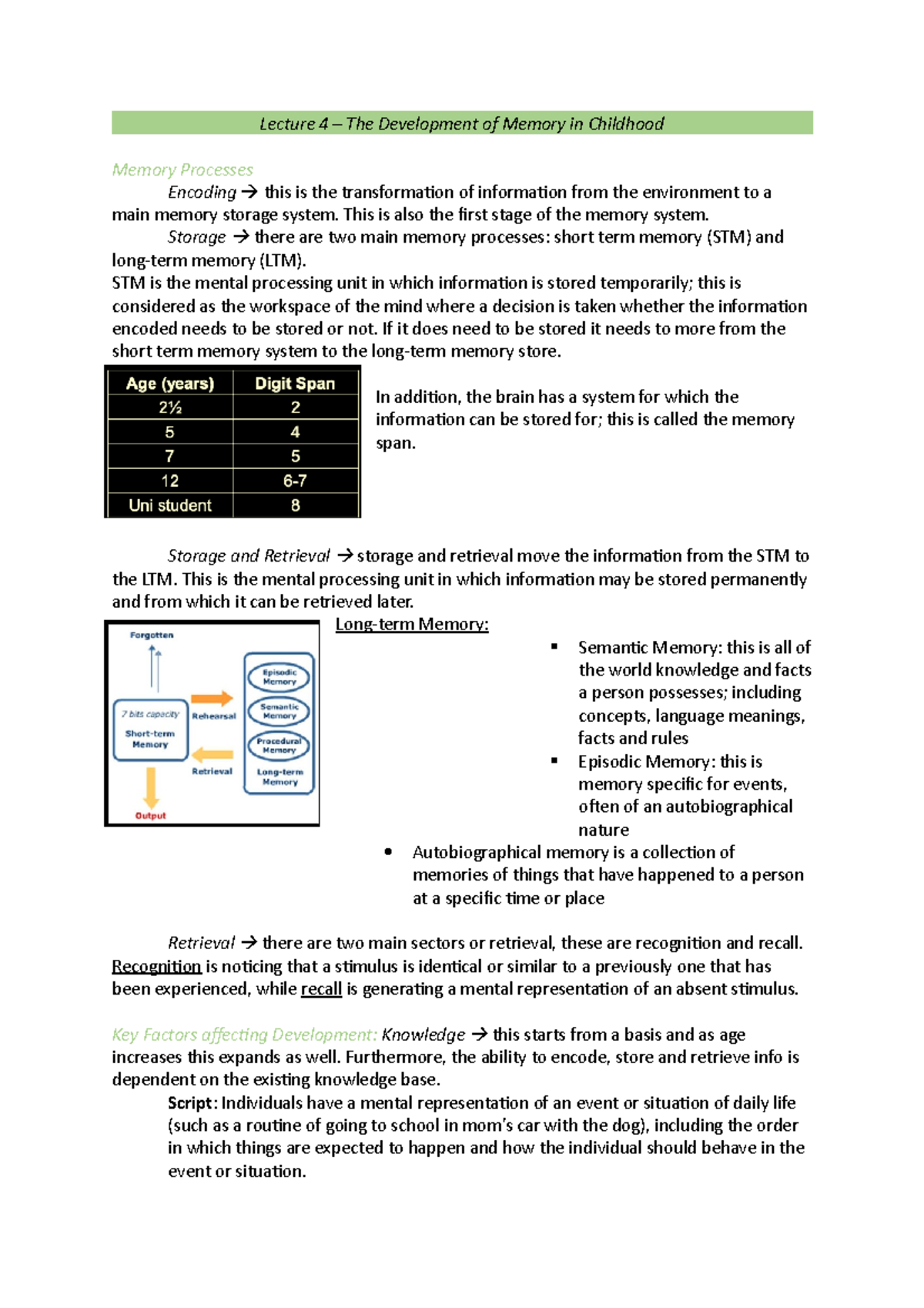 Lecture 4 - Memory Development - Lecture 4 – The Development of Memory ...