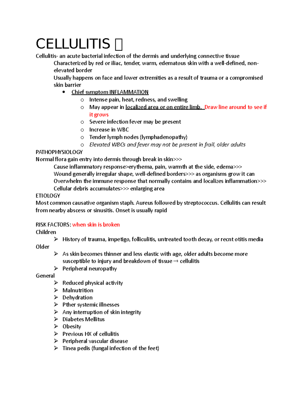 Cellulitis 🩸 - Notes - CELLULITIS 🠀 Cellulitis- an acute bacterial ...