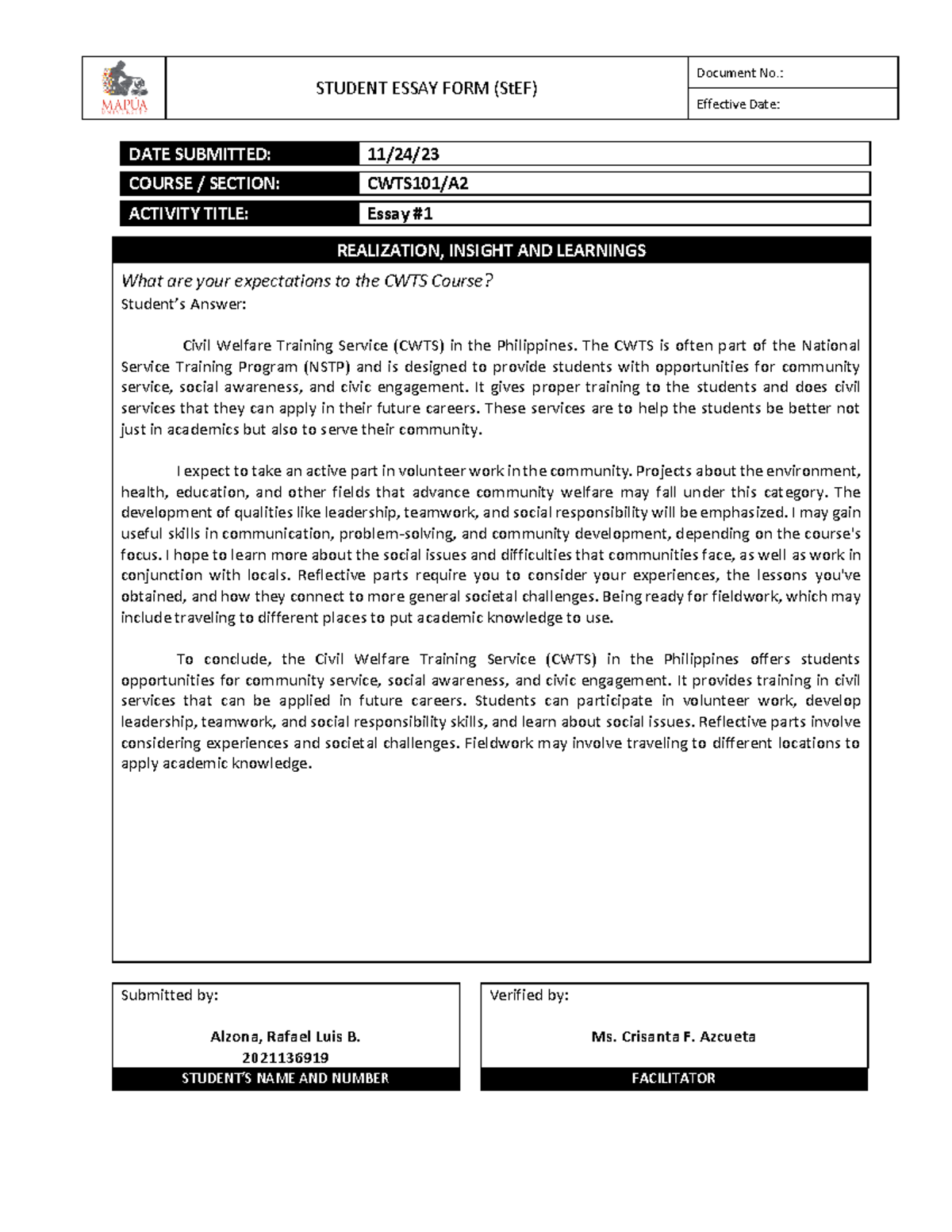 Alzona RLB-CWTS100-A2-E1 - STUDENT ESSAY FORM (StEF) Document No ...