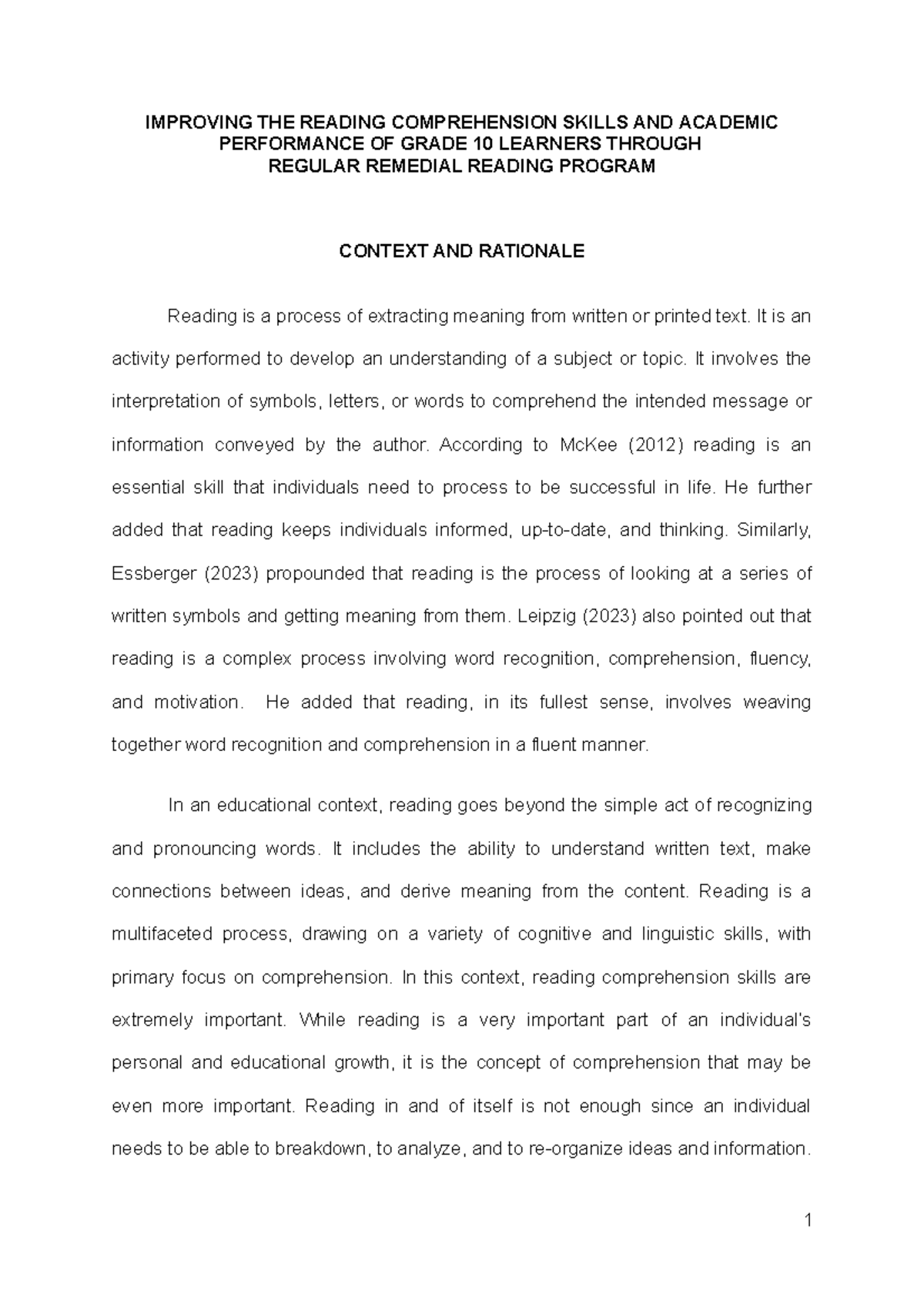 Regular Reading Remedial Program - IMPROVING THE READING COMPREHENSION ...