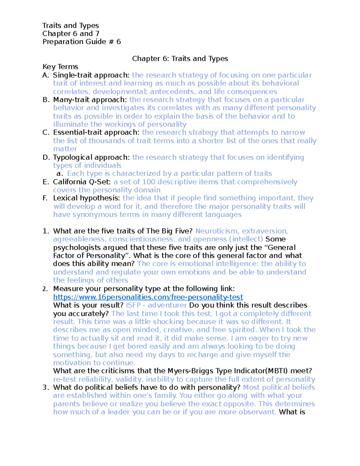 Prep Guide 6 Trait Approach Trait Types Traits And Types Chapter 6 And 7 Preparation