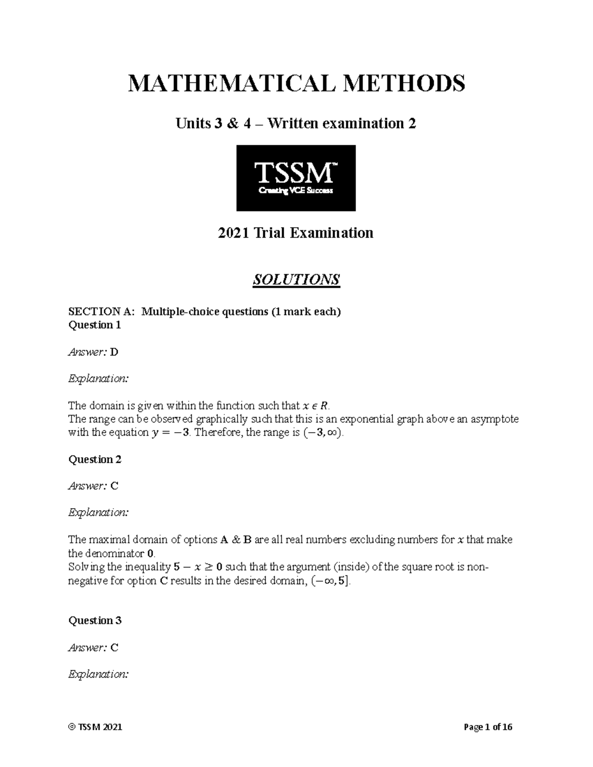 Maths Methods 2021 Units 3&4 Trial Exam 2 Solutions Book - MATHEMATICAL METHODS Units 3 & 4 ...