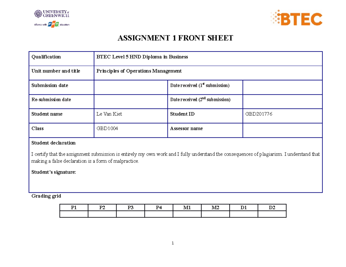 Assignment 1 Front SHEE1 - ASSIGNMENT 1 FRONT SHEET Qualification BTEC Level 5 HND Diploma in ...