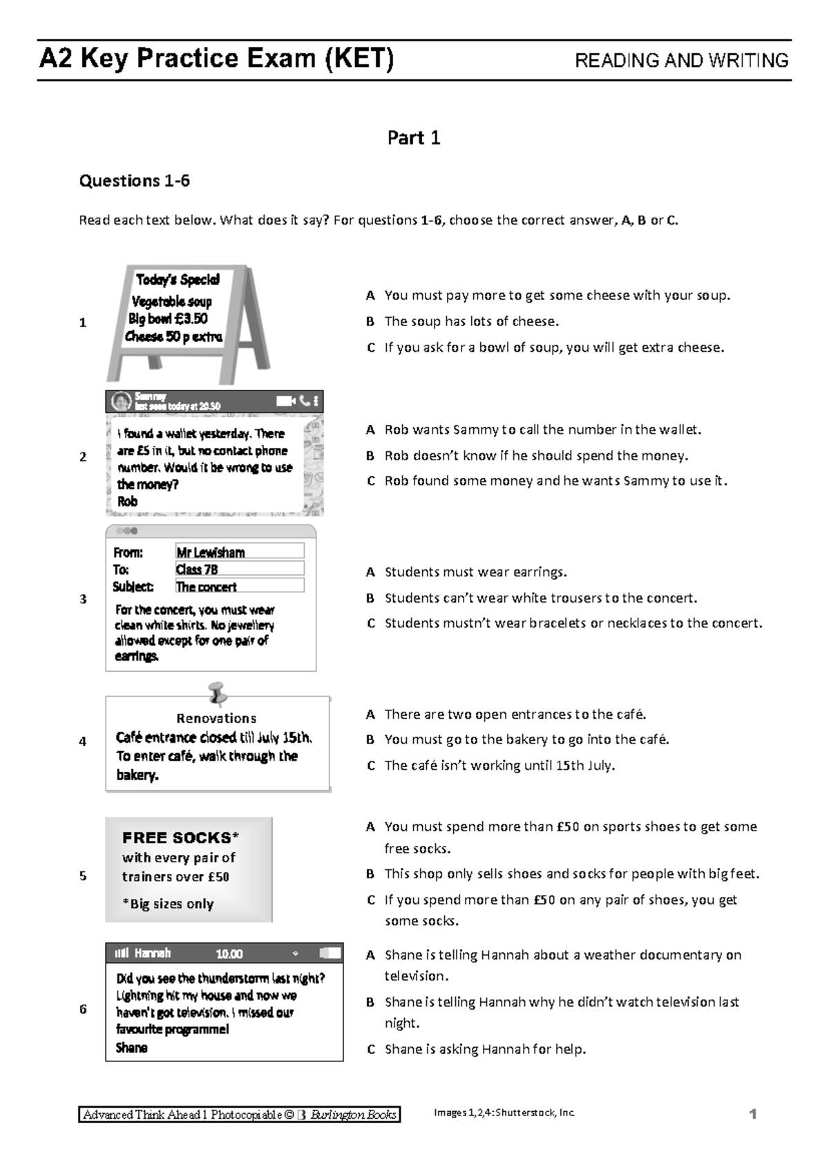 01 KET Test1 Read Write - Part 1 Questions 1- 6 Read each text below ...