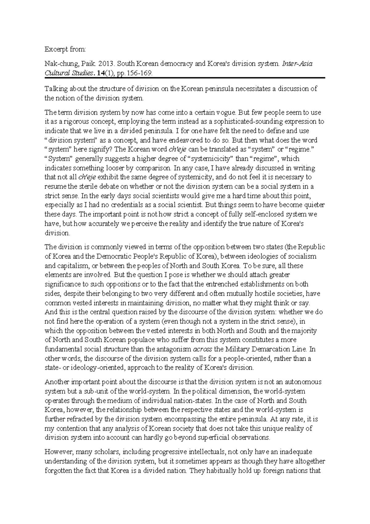Paik 2013 - Democracy and division system excerpt - Excerpt from: Nak ...