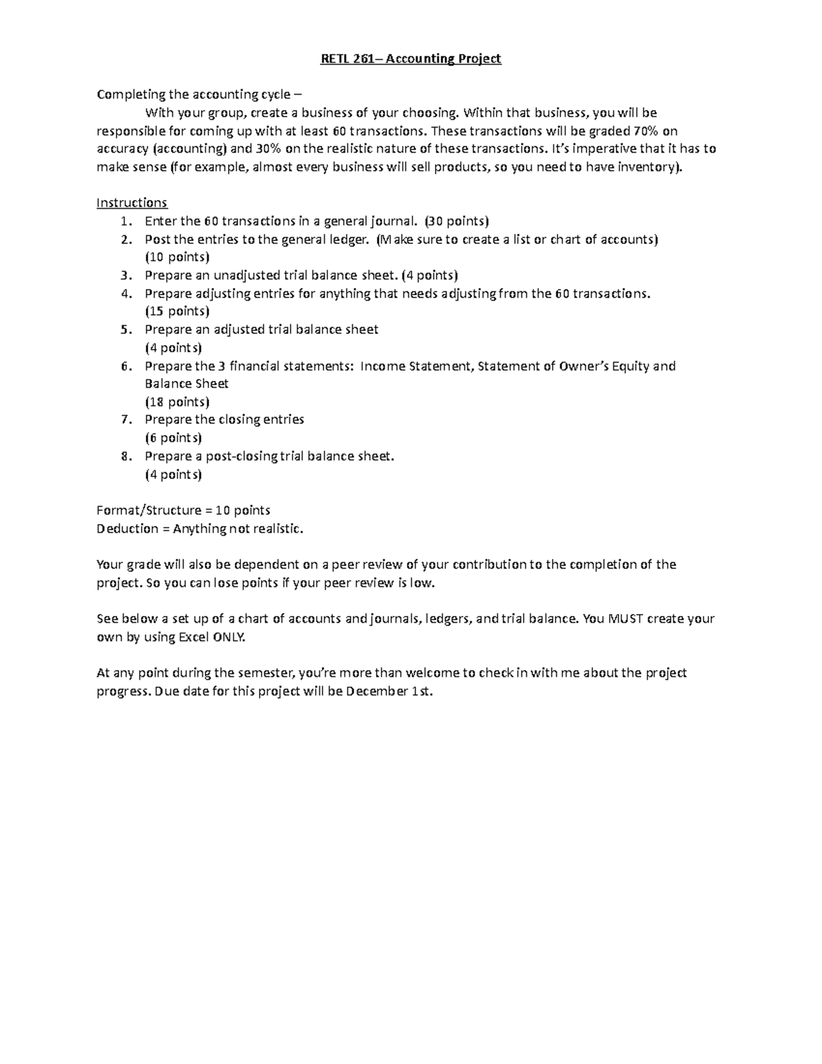 RETL 261 Project Rubric - RETL 261– Accounting Project Completing the ...