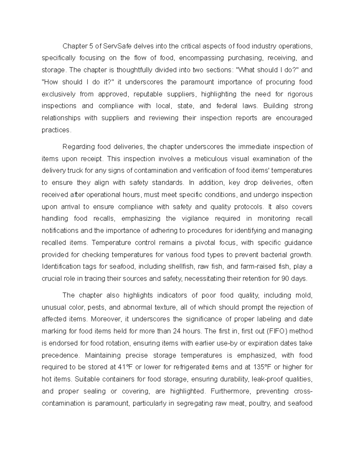 Serv Safe Chapter 5 ORS - Chapter 5 of ServSafe delves into the ...