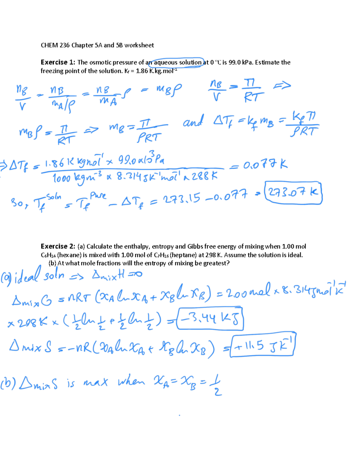 Worksheet ch5a 5b - CHEM 236 Chapter 5A and 5B worksheet Exercise 1 ...