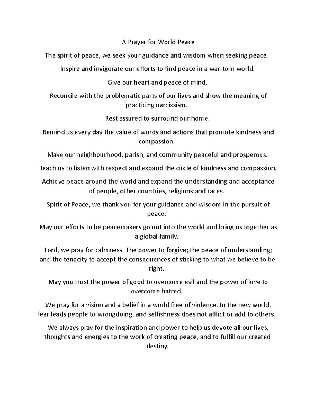 LECTURES IN MATHEMATICS - A Prayer for World Peace The spirit of peace ...