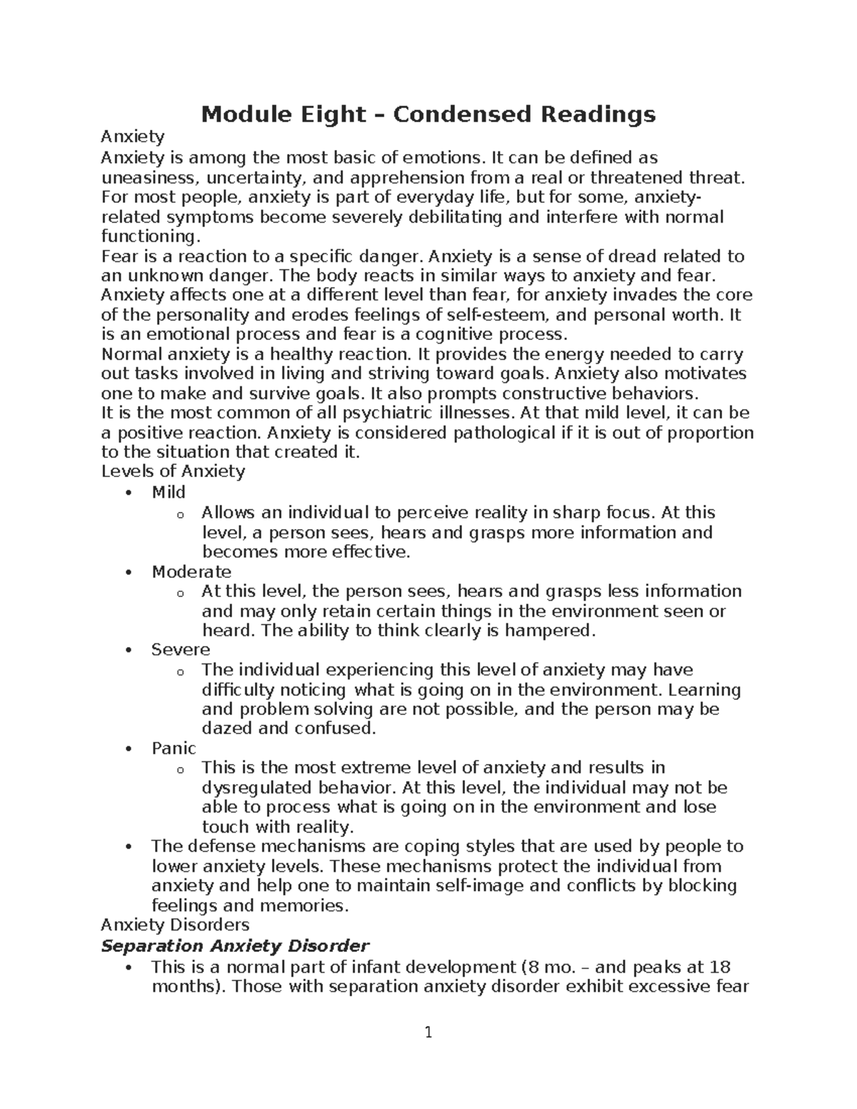 MOD 8 Condensed Readings - Module Eight – Condensed Readings Anxiety ...